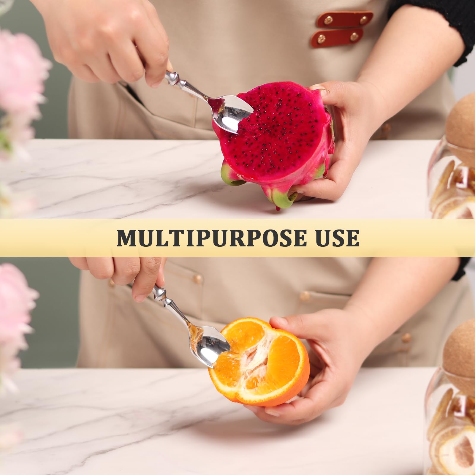 CherHome Grapefruit Spoons,4pcs Serrated Grapefruit Spoon Scoop,Premium Stainless Steel 18/8 Fruit Spoon Kiwi Spoon with Comfortable Bakelite Handle,For Any Citrus&Grapefruits,Wood Grain Handle