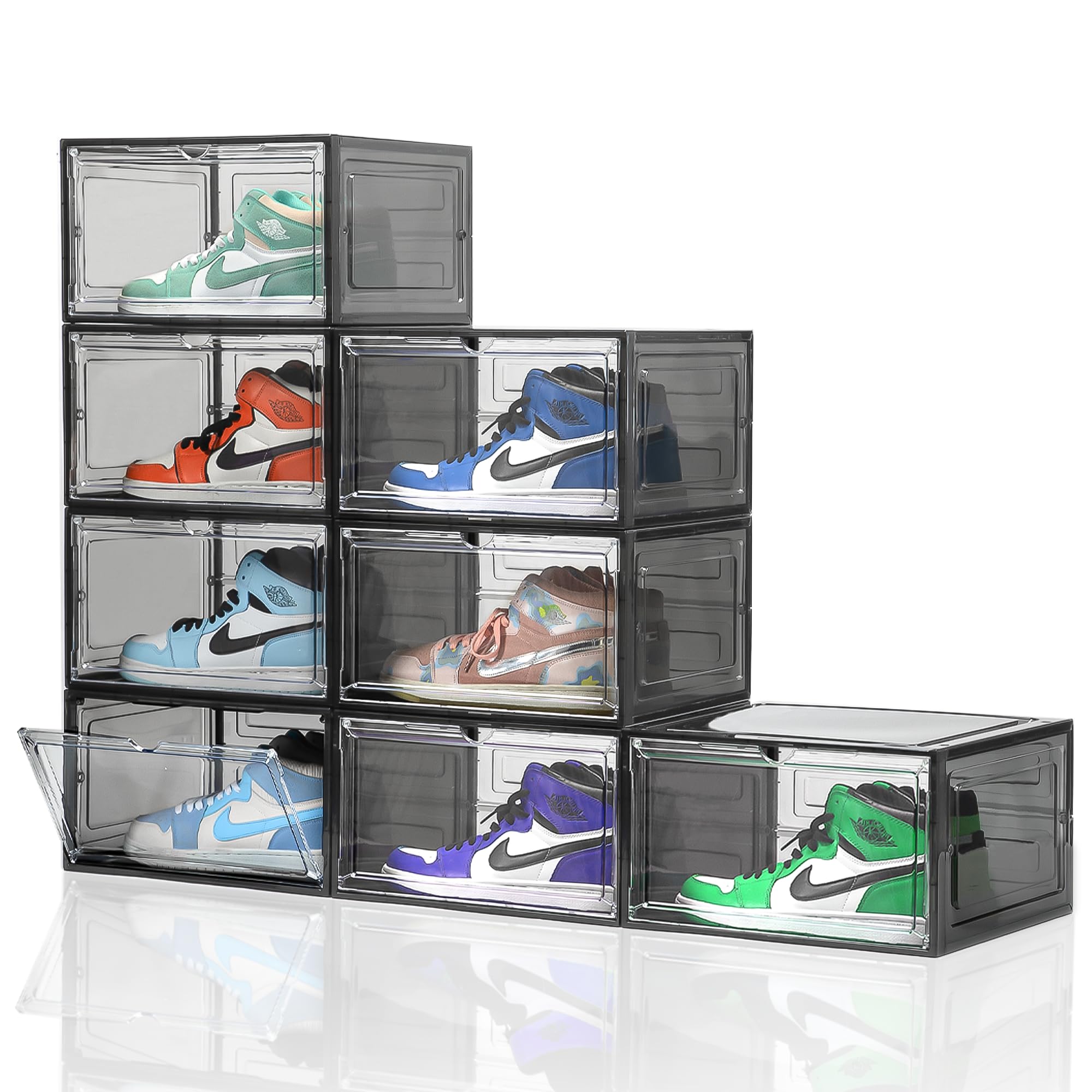 Attelite Upgraded Large Clear Shoe Storage Box Stackable, 8 Pack Thicken Plastic Shoe Containers, Drop Side Front Shoe Storage Organizer for Display Sneakers