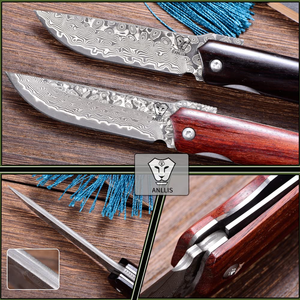 ANLLIS,V29 -aDamascus Steel pocket knife, Hand forged Damascus folding knife, wooden handle outdoor camping and mountaineering multipurpose folding knife, safe lock with scabbard gift knife (RED)