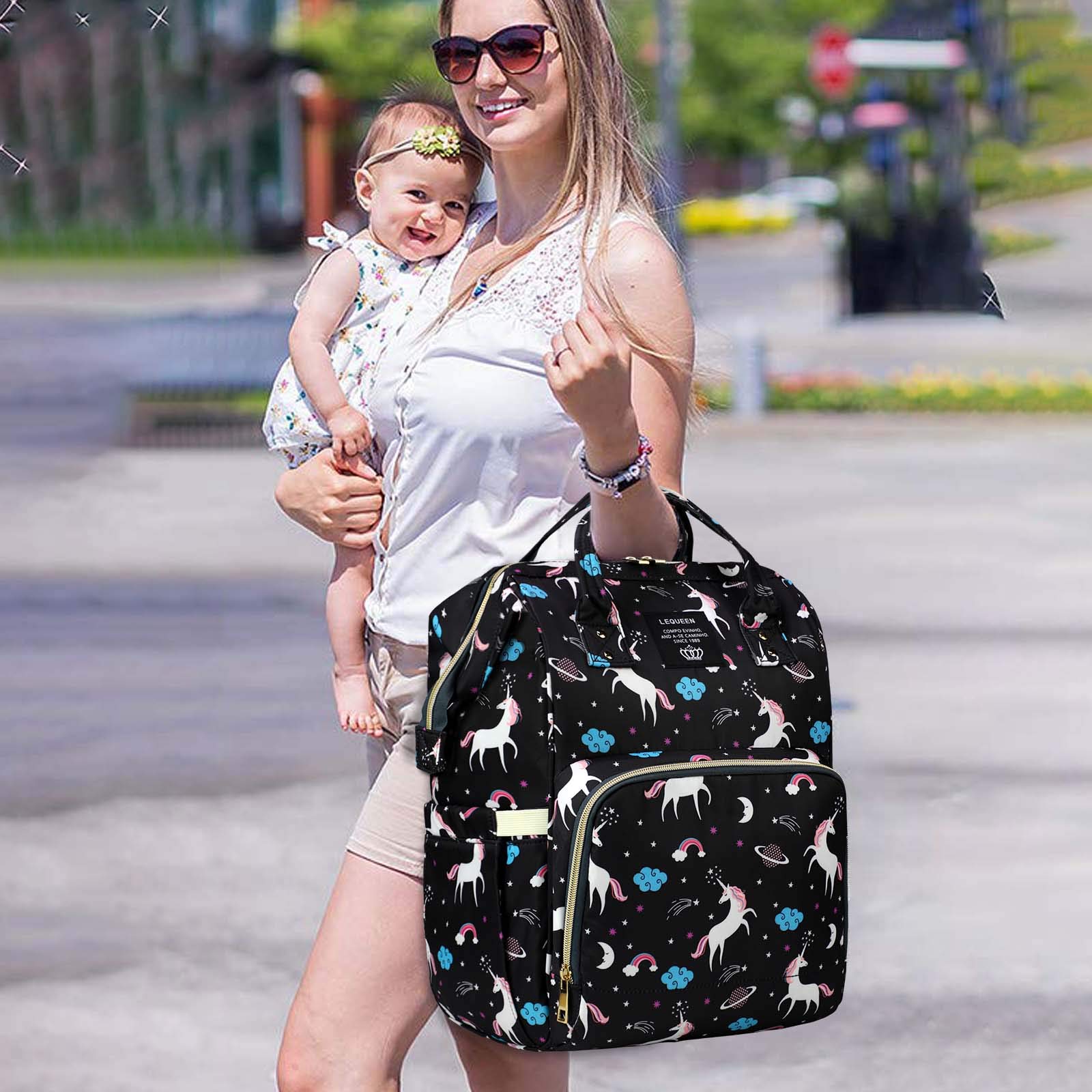MIGER Diaper Bag Backpack Baby Girl Boy Diaper Bag Cute Maternity Nappy Diaper Backpack Waterproof Unicorn Diaper Bags with Large Capacity Bottle insulation for Mom Dad (Black)