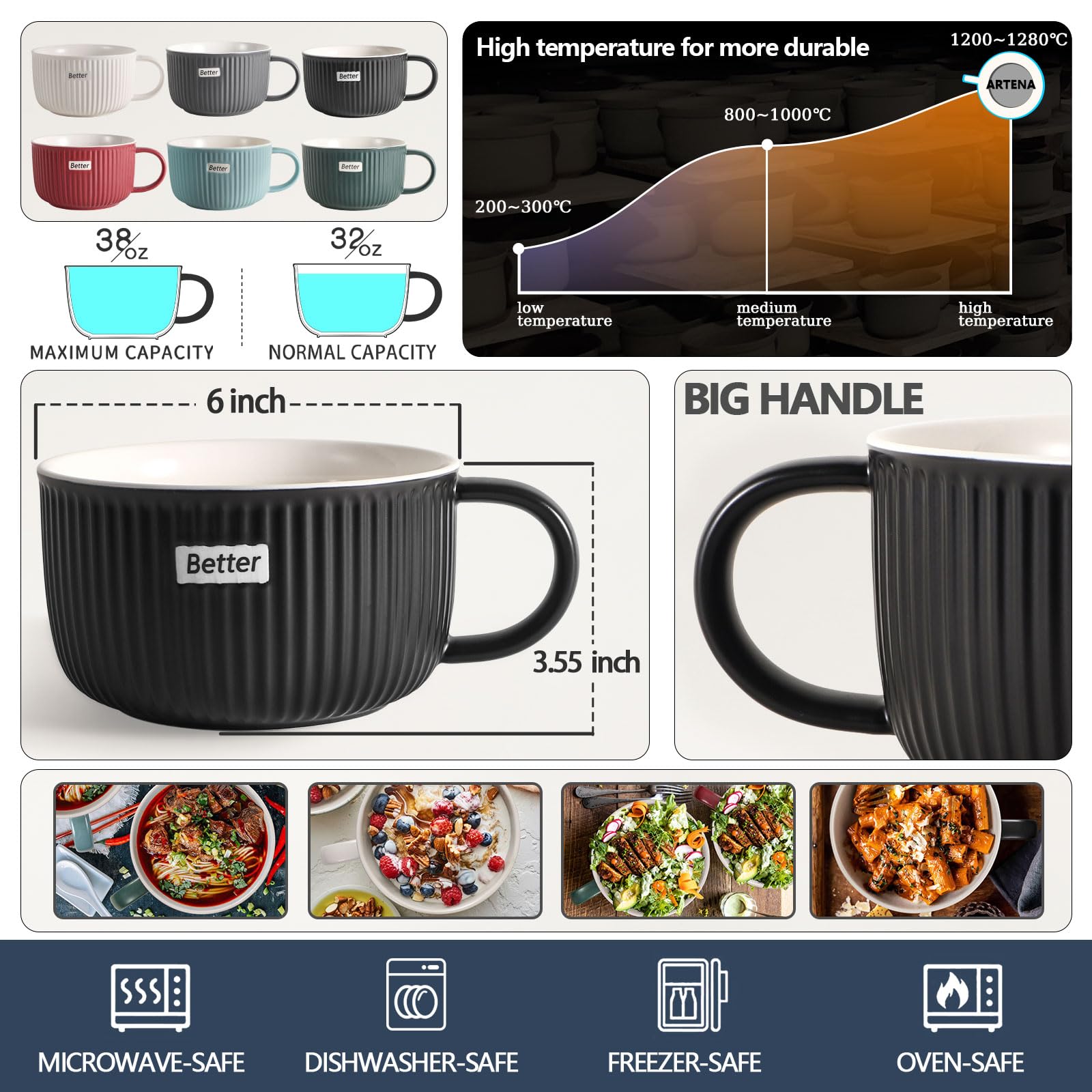 Artena 38 Ounce Soup Bowl with Handles, 6 inch Jumbo Soup Mug with Handles, Wide Large Cereal Bowl for Oatmeal, Gumbo, Salad, Oversized Black Glazed Ceramic Soup Cup, Microwave & Oven Safe