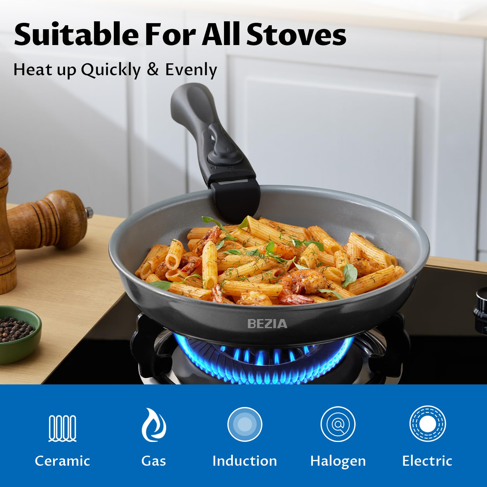 BEZIA Induction Cookware with Healthy Ceramic Coating, Nonstick Pots and Pans Set 13pcs with Detachable Handles, Induction RV Kitchen Set with Removable Handles, Oven Safe