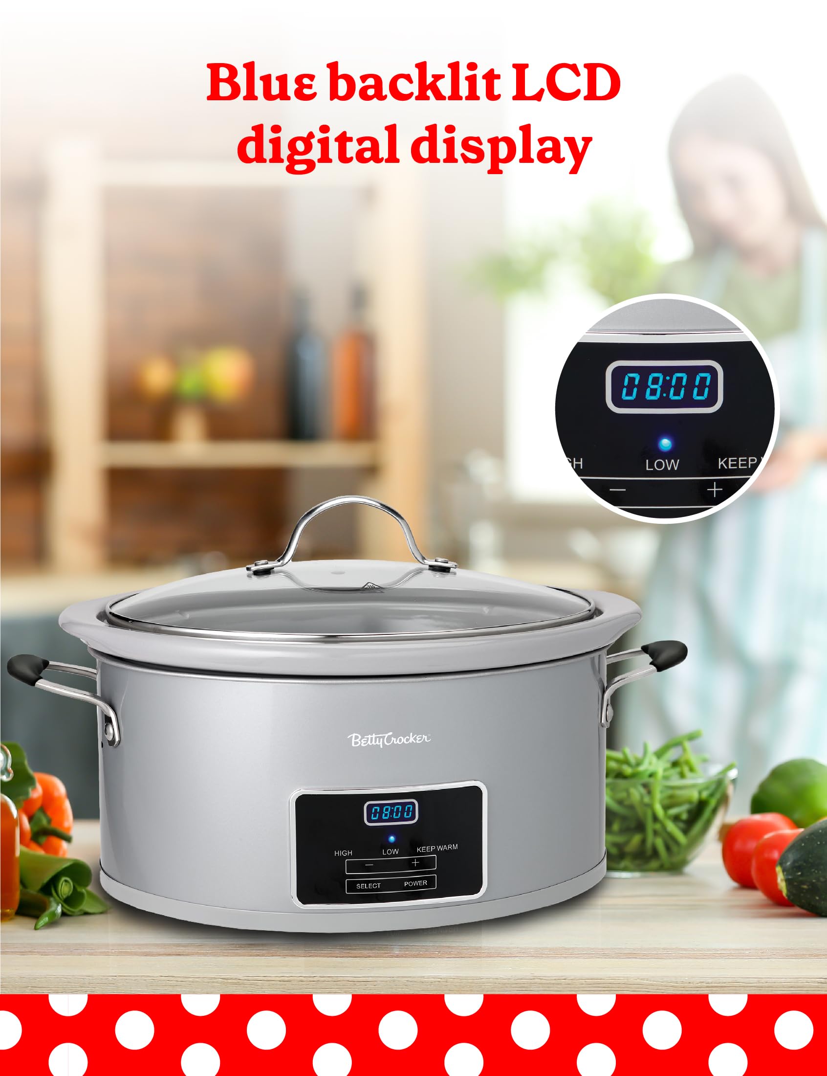 Betty Crocker 6-Quart Oval Digital Slow Cooker, Programmable Crock Pot Up to 20 Hours, Electric Cooking Pot with LCD Digital Display, Removable Stoneware Crock Liner, Betty Crocker Cookbook,Silver