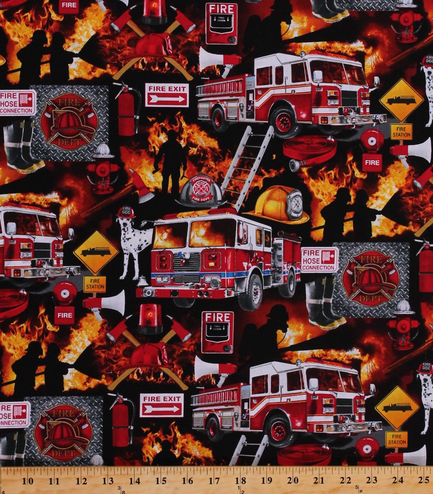 Cotton Firefighters Firemen Fire Engines Trucks Dalmatians Dogs Fire Department Emblem Equipment Flames Heroes Rescue Cotton Fabric Print by The Yard (FIRE-C5501)