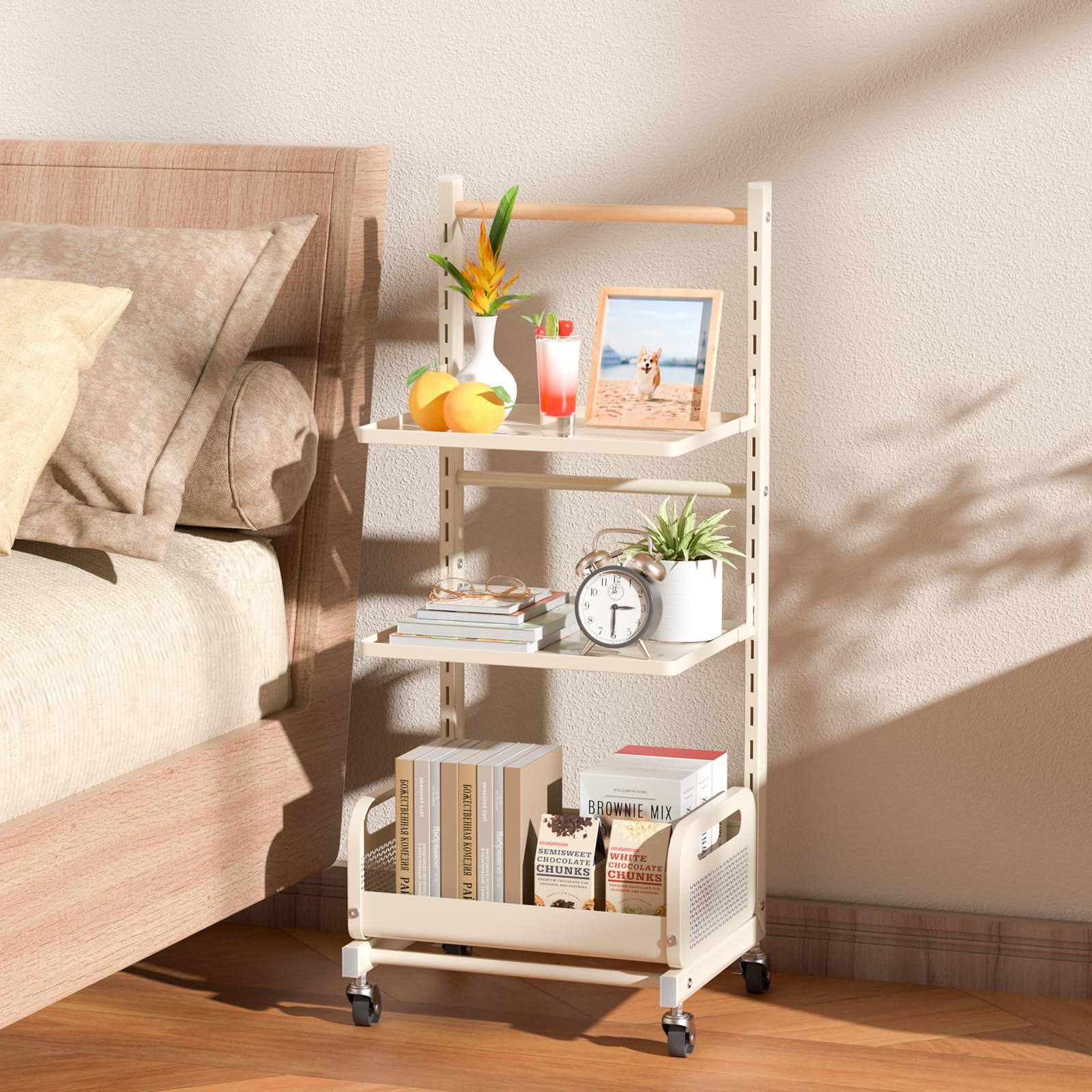 Aratan 3 Tier Rolling Cart, Small Utility Cart on Wheels, White Detachable Kitchen Cart Storage Organizer Cart with Wooden Handle for Home, Office and Classroom