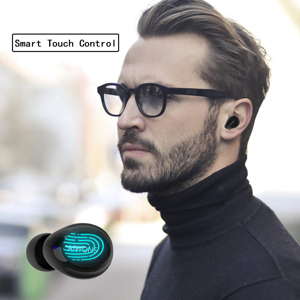 aiwons True Wireless Earbuds Bluetooth Headphones, Bluetooth 5.0 Touch Control Stereo Hi-Fi Sound IPX5 Waterproof 16H Playtime with Charging Case, Bluetooth Headset (Black)