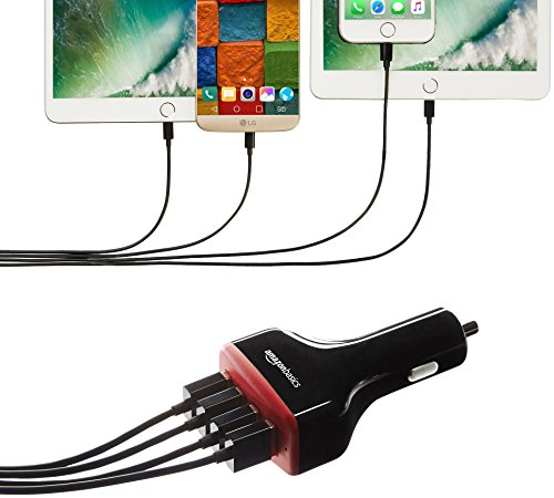 Amazon Basics 48W Four-Port USB-A Car Charger for Phones (iPhone 15/14/13/12/11/X, Samsung, and more), non-PPS, Black/Red