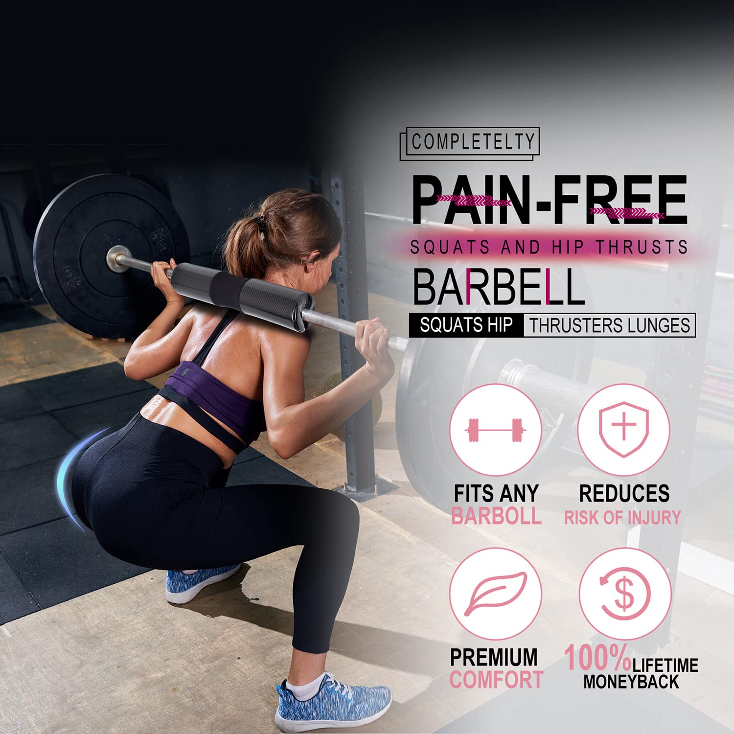Barbell Pad for Hip Thrust with Fastening Cloth and Carry Bag, Squat Bar Pad with Closure, Neck & Shoulder Squat Cushion Bar Padding for Hip Thrusts - Fits All Standard and Olympic Bars