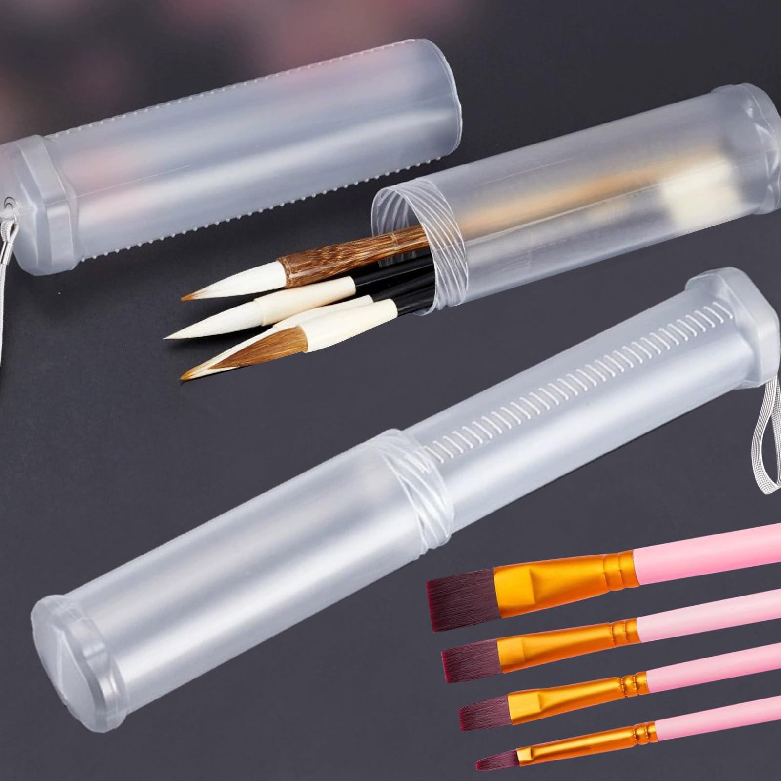 Chistepper 4 Packs Extendable Plastic Brush Case Extra Long Paint Brush Holder Clear Paint Brush Storage Box Long Brush Tube Storage Watercolor Pen Container (4)