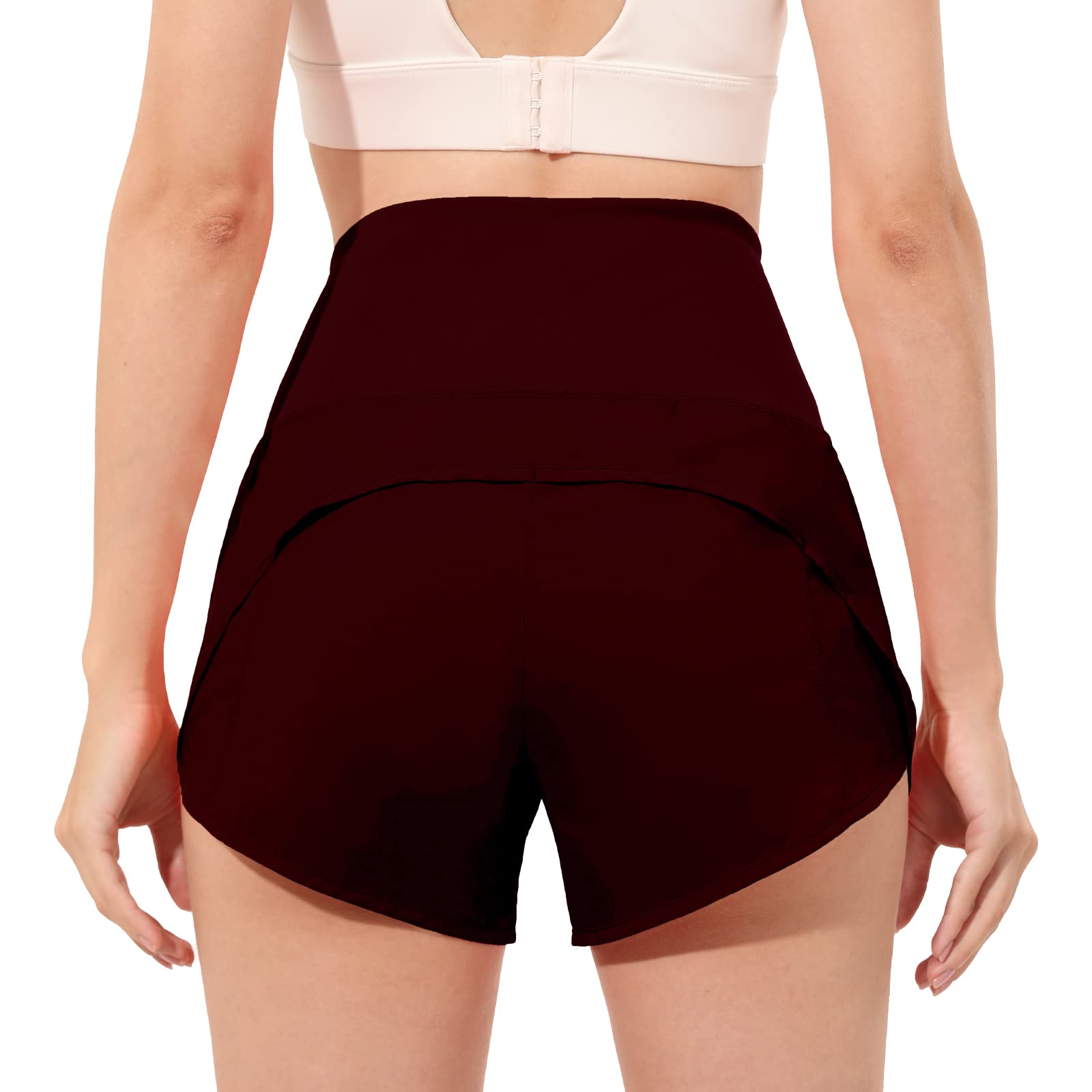Aurefin Women's High Waisted Running Shorts Quick Dry Athletic Workout Shorts with Bulit-in Liner-3.5'' Wine red/m