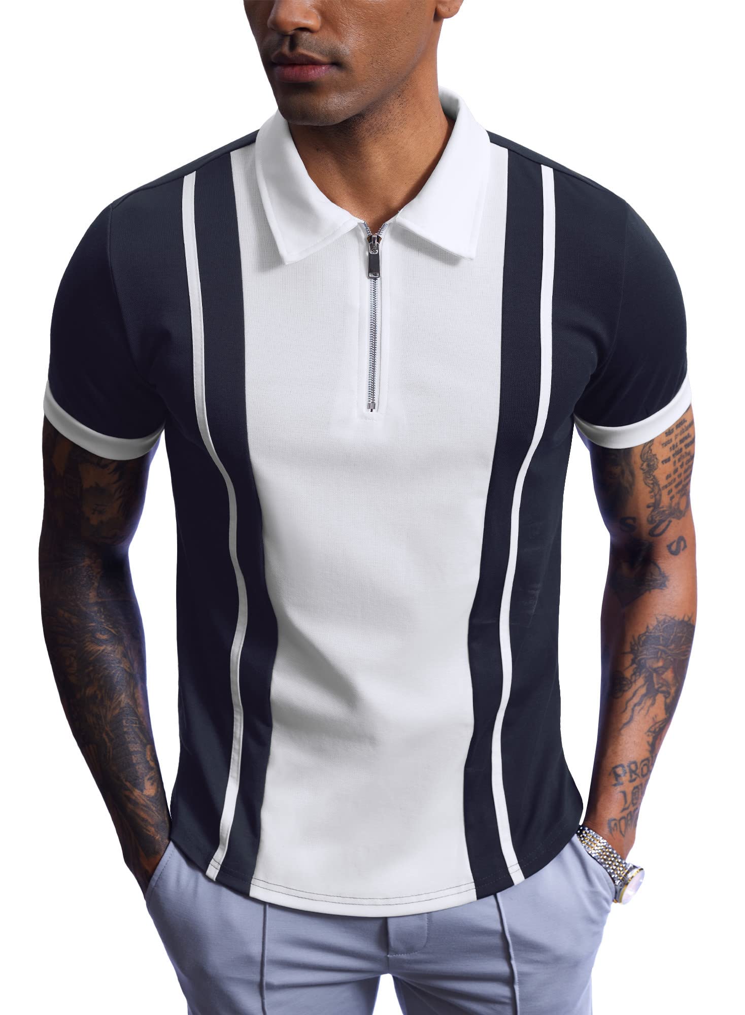 Arvilhill Man Zipper Polo Shirt 1940s Striped Printing Polo Shirt Zip Up Polo Tshirt S