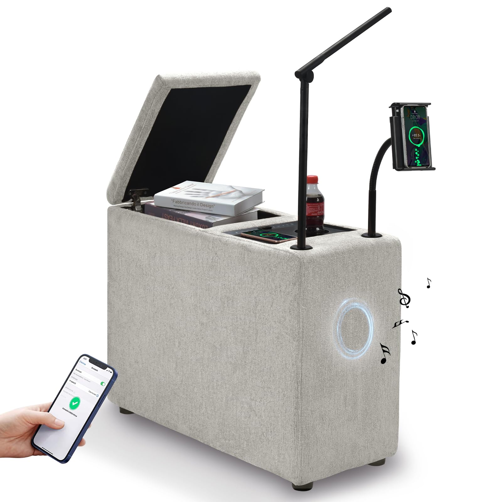 beyond SMART End Table with Audio,Upholstered Console, Modular Console with Cup Holder&Wireless Charging, Power Console Sofa Table, Almond