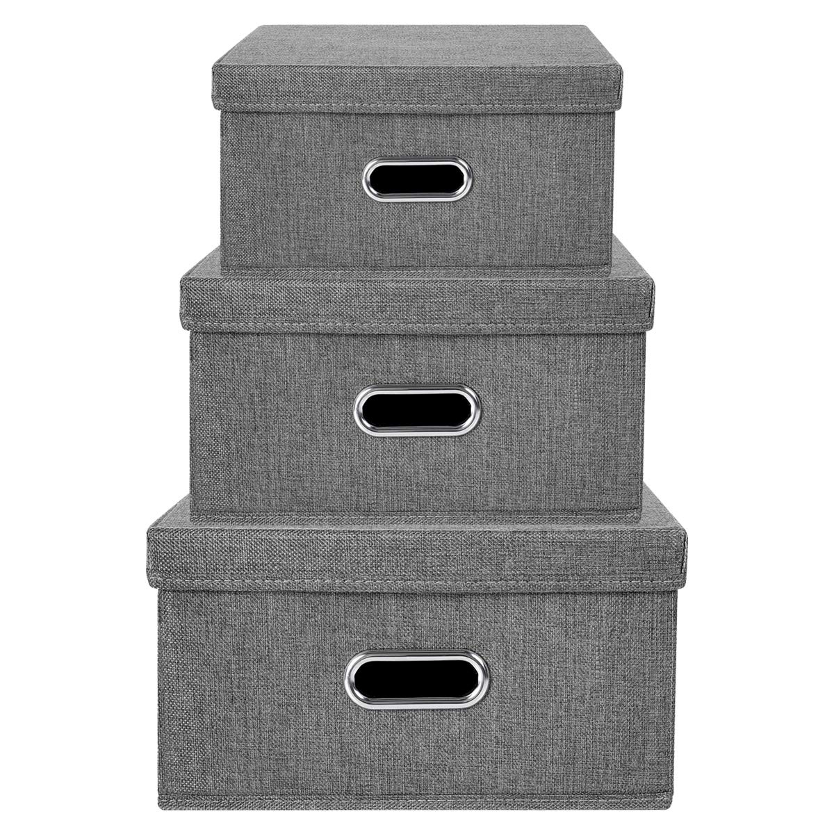ANMINY 3 PCS Storage Boxes with Handles Removable Lids PP Plastic Board Foldable Lidded Cotton Linen Home Storage Cubes Bins Baskets Closet Clothes Toys Organizer Containers - Gray, Small Size
