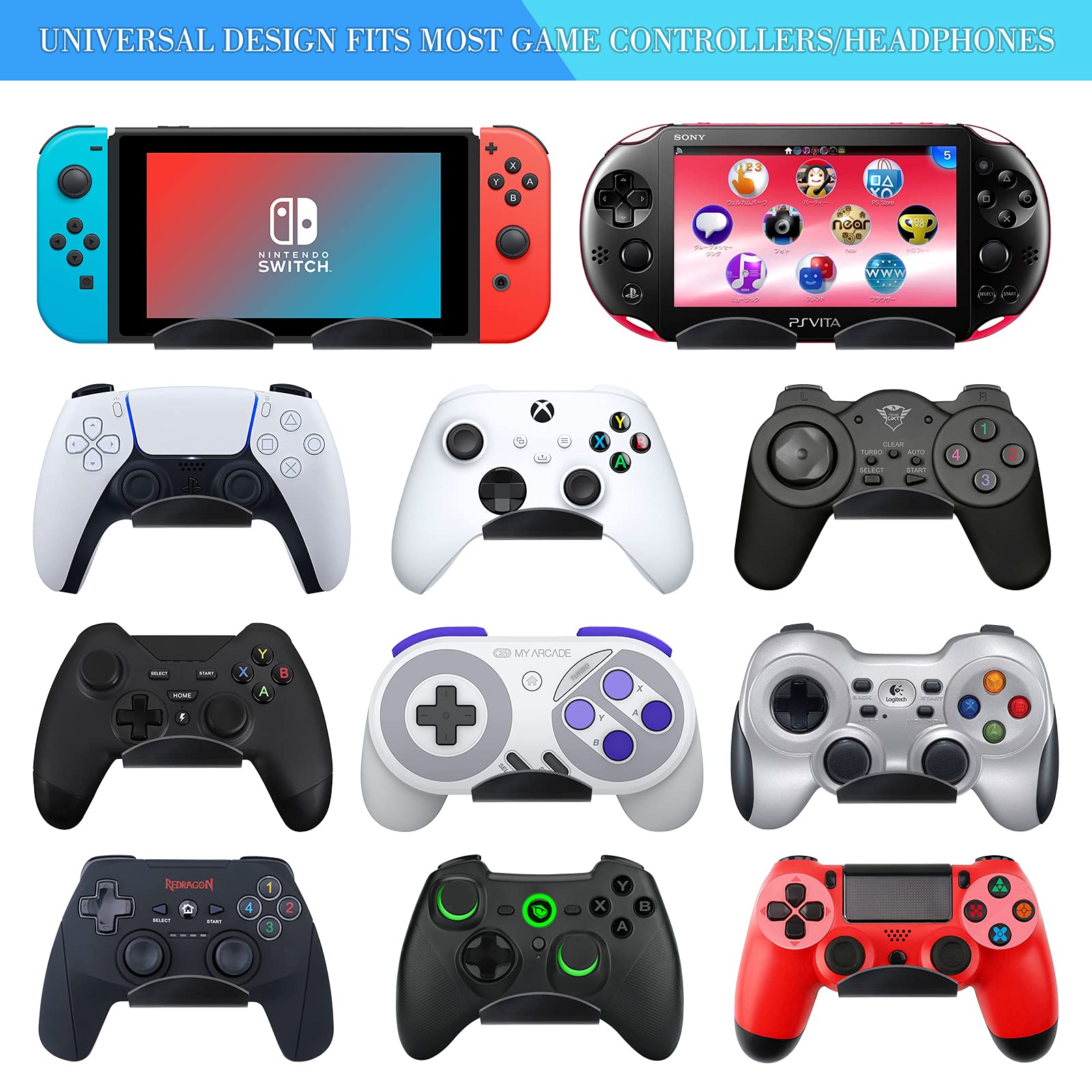 MWOOT Game Controller Holder Wall Mount (2 Pack) for Xbox One/ PS4/ PS5/ Switch/Steam/PC, Gamepad Headphone Stand Holder, Screw-Free, Stick on, Universal Controller Accessories (Black)
