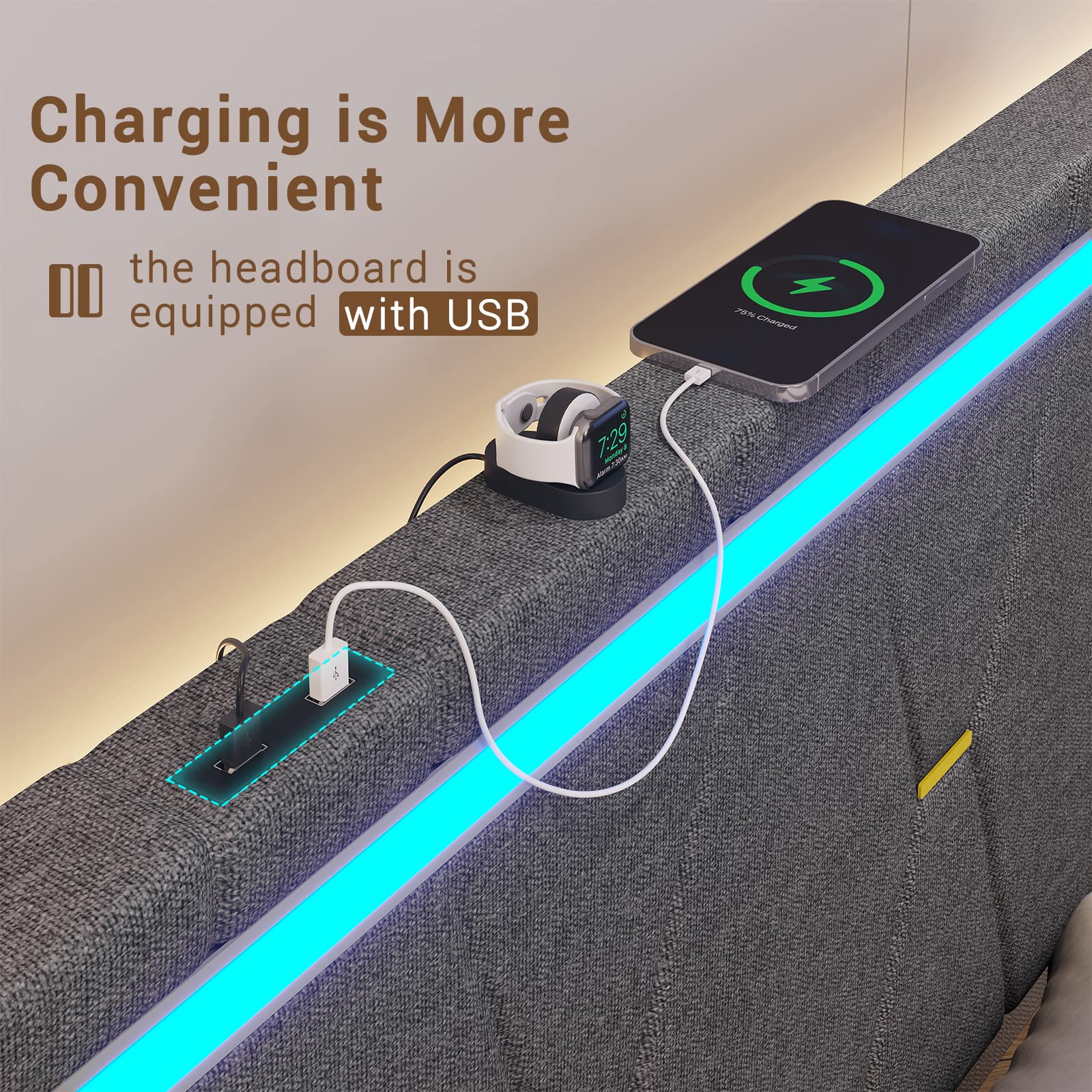 ADORNEVE Full Size Bed Frame with 4 Drawers, LED Bed Frame Full with 2 USB Charging Station, Upholstered Platform Bed with Adjustable Headboard and LED Lights, No Box Spring Needed, Dark Grey