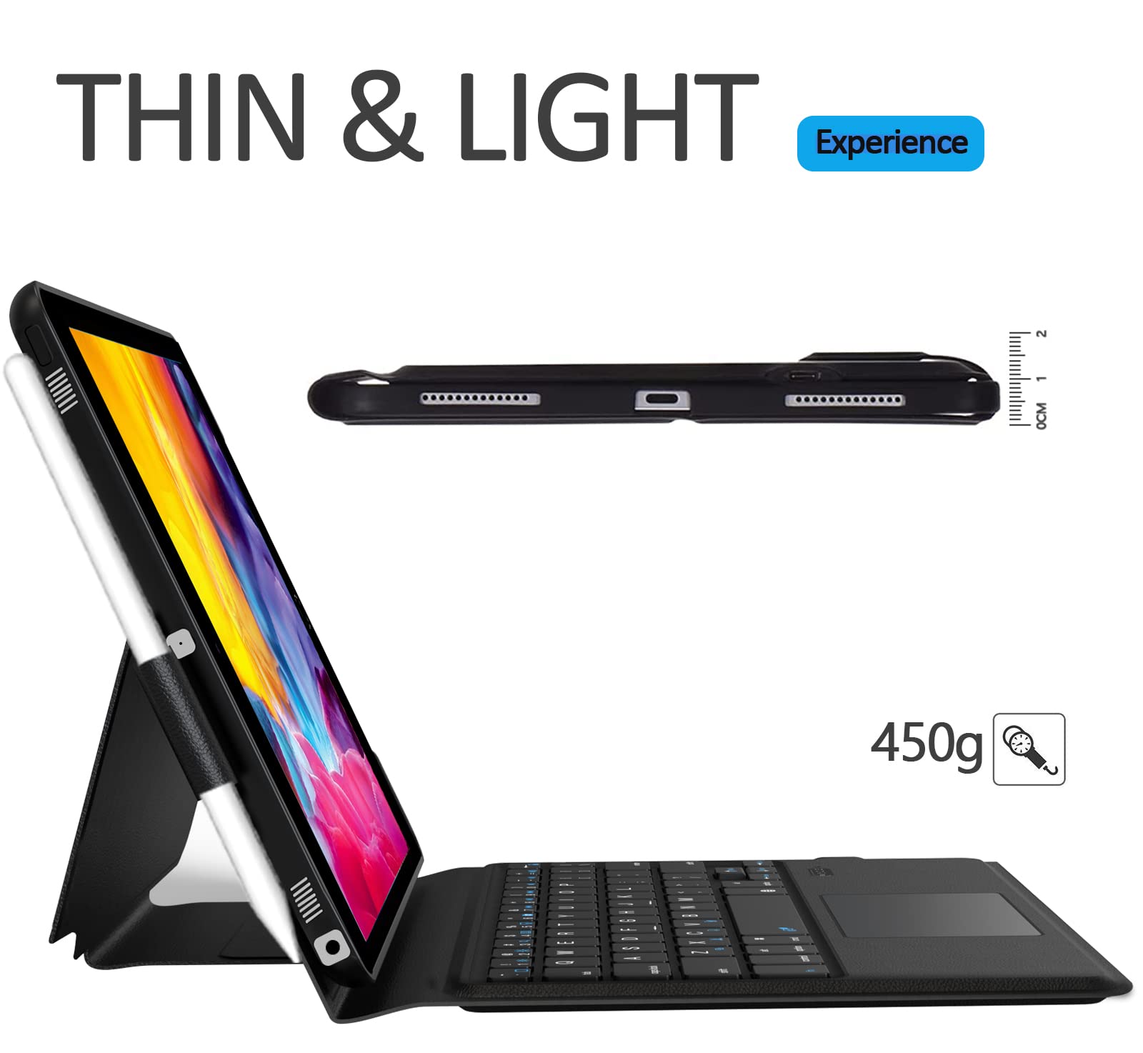 BJCGFVH6 Slim Keyboard Case for iPad 6th 5th Gen & iPad Air 2nd & for iPad Pro 9.7" 2016, Practical iPad Keyboard Case with Touchpad, Wireless Connector and Pencil Loop