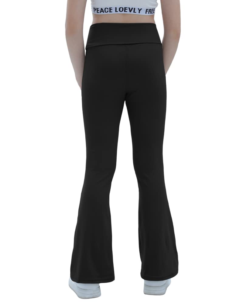 Aurgelmir Girls' Foldover Waist Flare Leggings Bootcut Active Yoga Dance Athletic Pants with Pockets Black