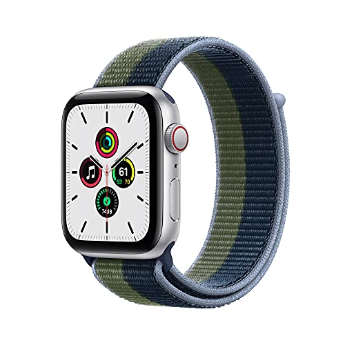 Apple Watch SE [GPS + Cellular 44mm] - Silver Aluminium Case with Abyss Blue/Moss Green Sport Loop (Renewed)