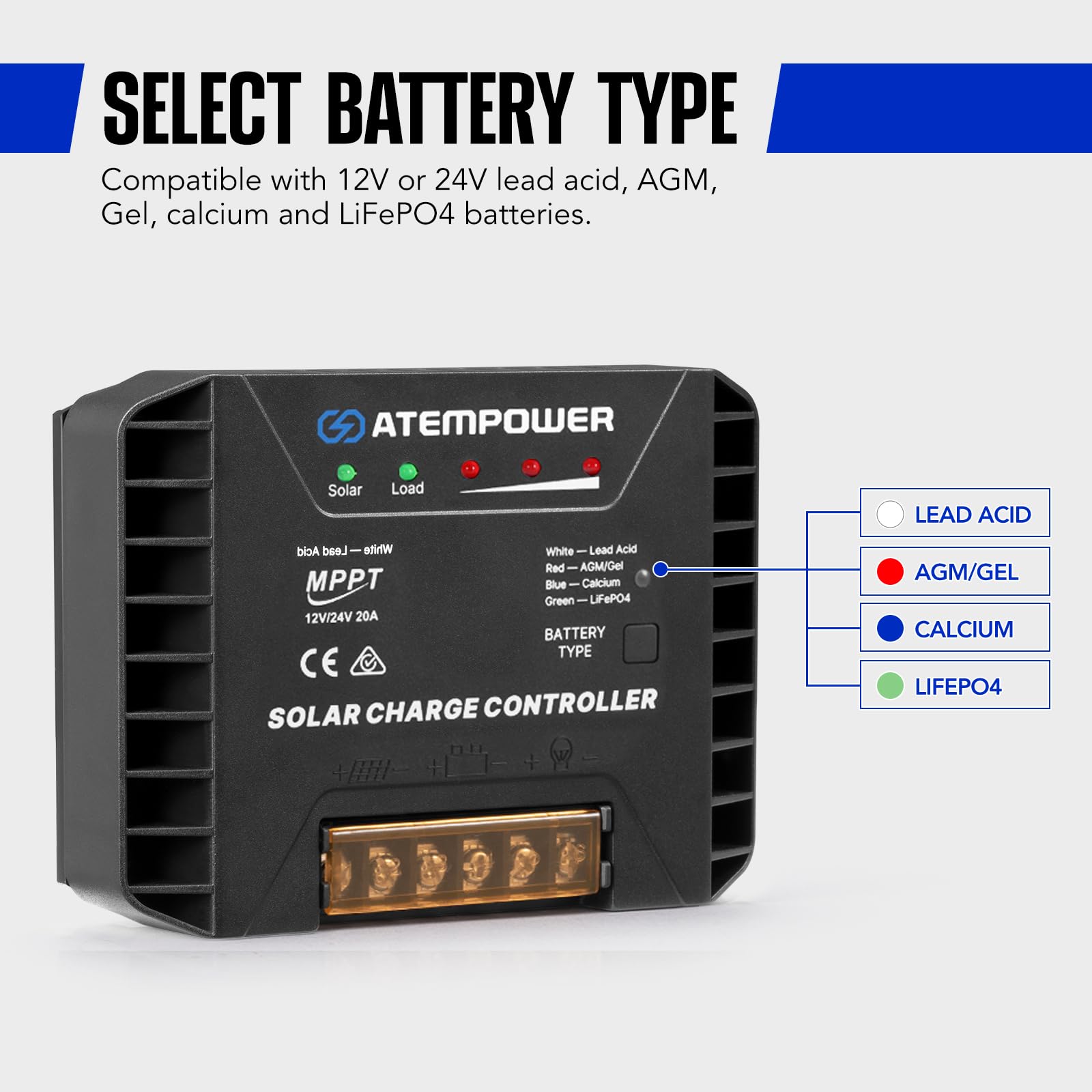 ATEM POWER 20A 12V/24V MPPT Solar Controller Selecting Battery Type Activate Lithium Battery Intelligent Solar Controller Compatible with Lead Acid, AGM, Gel, Calcium and LiFePO4 Battery