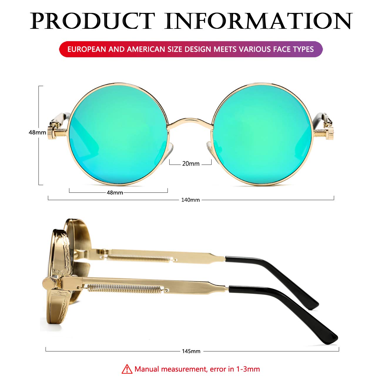 AIEYEZO Round Steampunk Sunglasses for Men Women Gothic Glasses Vintage Circle Metal Frame 100% UV Blocking Lens (Gold/Green Mirrored)