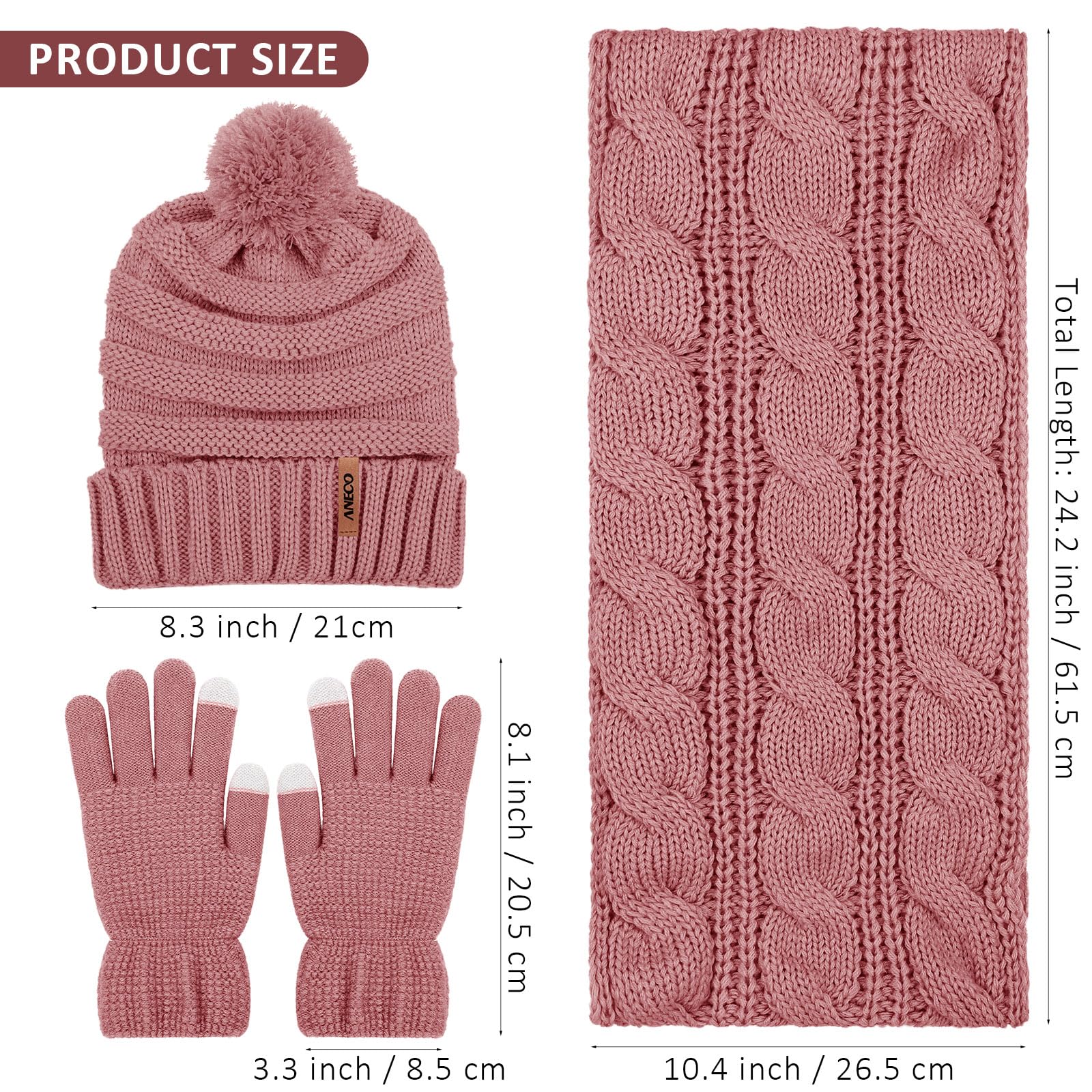 Aneco Winter Warm Knitted Scarf Beanie Hat and Gloves Set Men & Women's Soft Stretch Hat Scarf and Mitten Set
