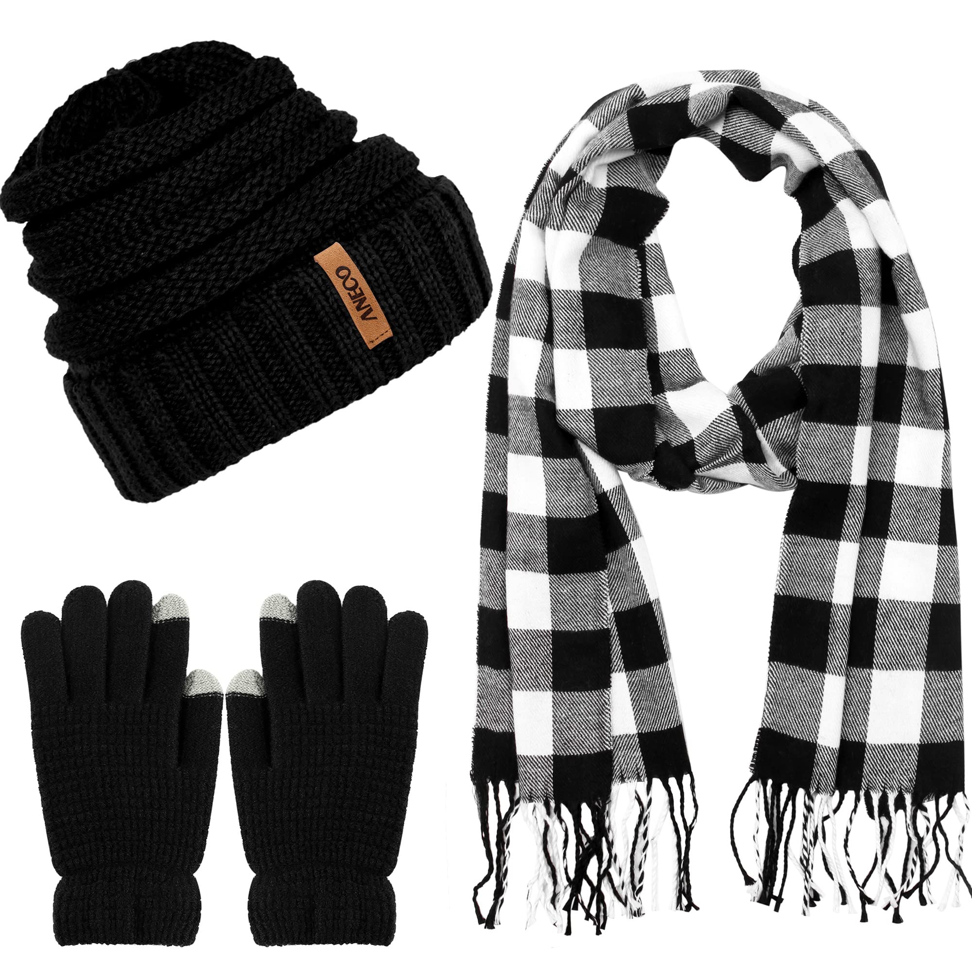 Aneco Winter Warm Knitted Scarf Beanie Hat and Gloves Set Men & Women's Soft Stretch Hat Scarf and Mitten Set