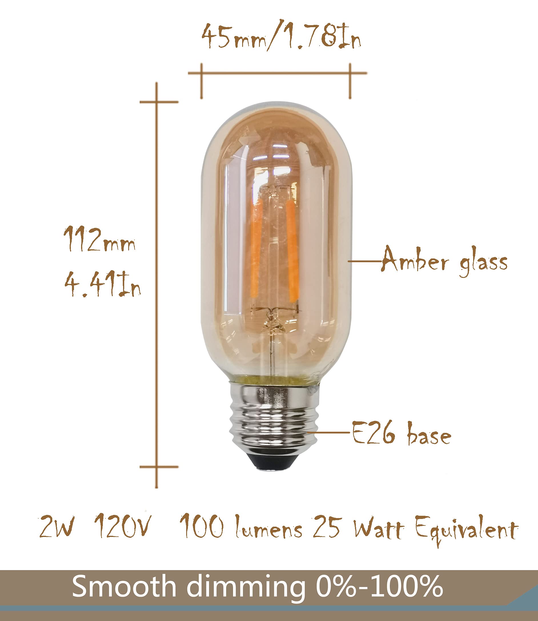 CTKcom T45 E26 Amber Antique LED Edison Light Bulb,T14 LED Tubular Vintage Antique Dimmable led Bulb,2 Watt 120V 2200K Warm White 120 lumens 25 Watt Equivalent,4 Pack