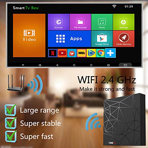 Android 9.0 TV Box［4GB+64GB］EVANPO Quad Core Smart TV Box Android Media Player Support USB 3.0/ 3D/ 4K/ 6K/ H.265/ 2.4G WiFi Set Top TV Box with Mini Keyboard (Backlit)