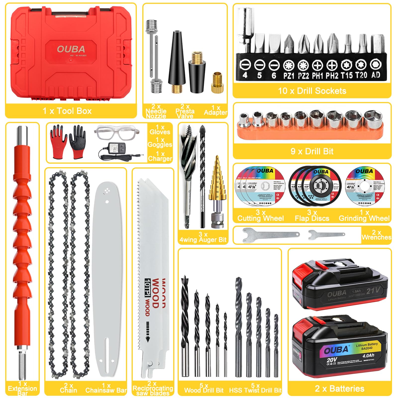 OUBA Power Tool Combo Kits, Drill, Mini Chainsaw, Reciprocating Saw, Angle Grinder, Inflatable Pump, 5-in-1 Cordless Power Tool Set, With 2 Batteries, 54 PCS Tool Accessories, Versatile Applicability