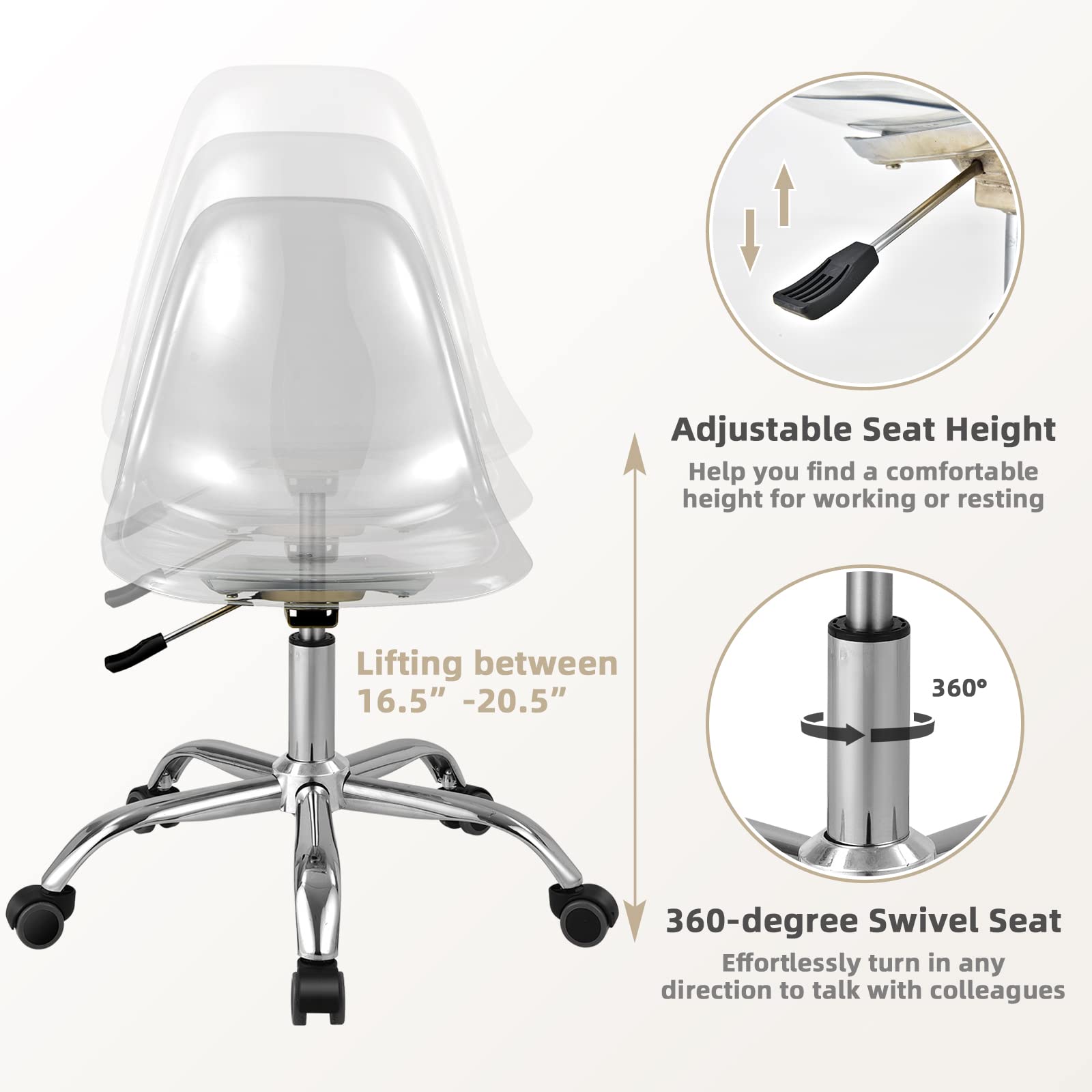 Giantex Acrylic Desk Chair, Clear Armless Office Rolling Chair, Height Adjustable Leisure Ghost Chair w/Chromed Base, Modern Cute Vanity Chair, Swivel Computer Chair for Home Office