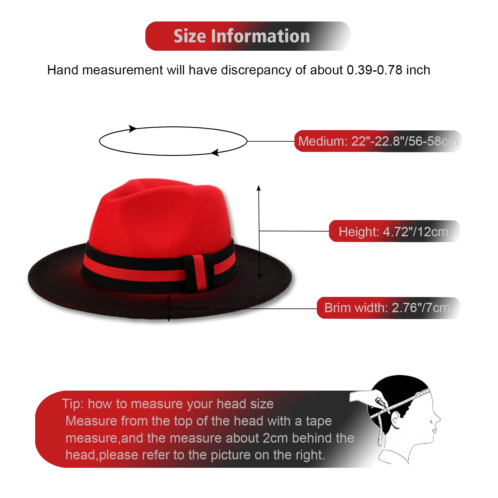 Black and Red Fedora Hats for Women Men,Two Tone Hat Wide Brim Fedora for Women,Red Bottom Black Fedora(Red,Black Medium)