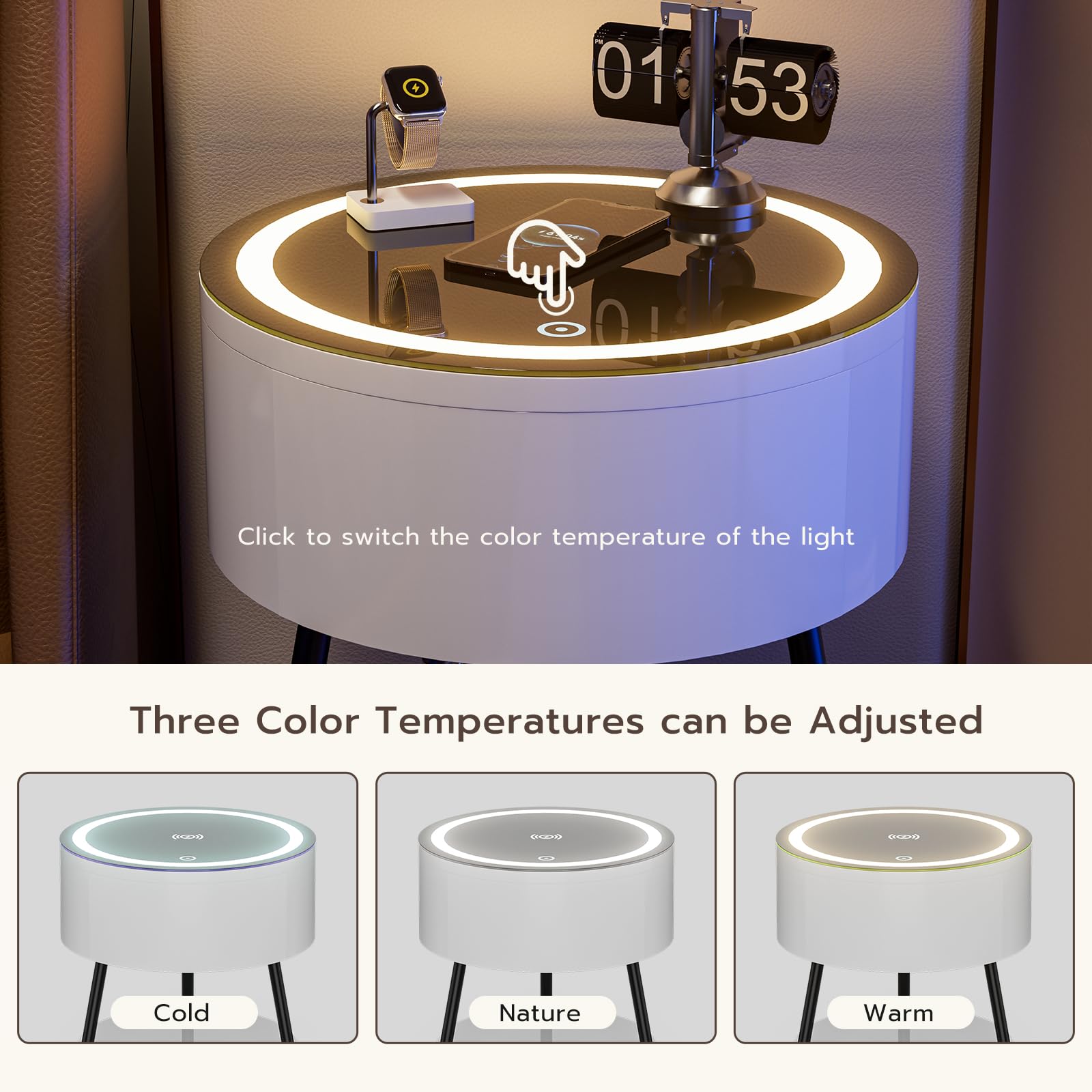 AOVSA Modern LED End Table Nightstands with USB Ports and Wireless Charging, Side Table with Storage Drawer Cabinet and 3-Color Temperature LED Lights for Living Room Bedroom-White