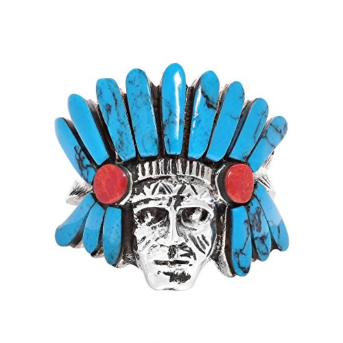 AeraVida Native American Indian Chief Blue Simulated Turquoise and Reconstructed Red Coral .925 Sterling Silver Ring (8)
