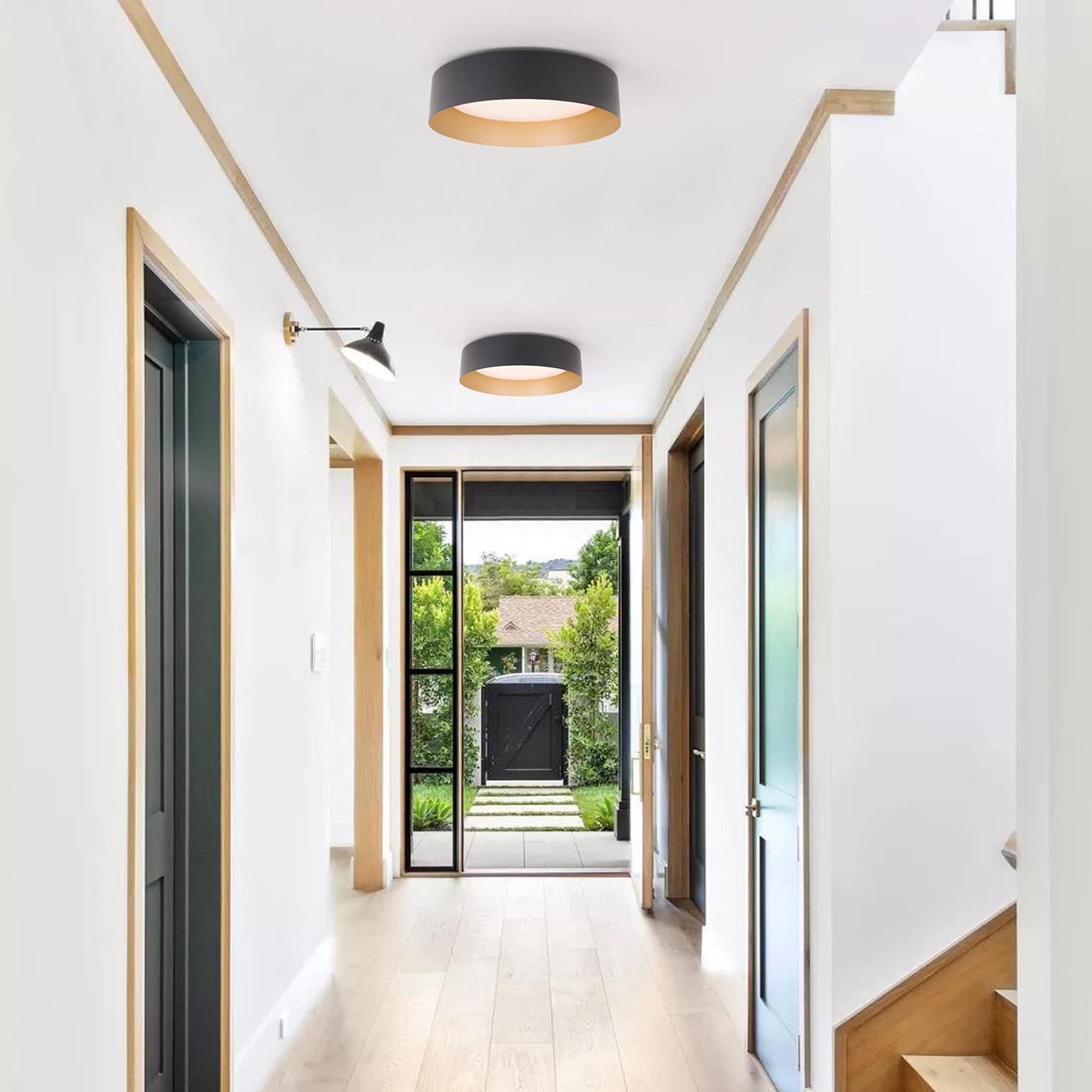 Bargeni Flush Mount Ceiling Light,12.5 inch LED Ceiling Light Fixture,Matte Black with Gold Inside,3000K/Warm White/18W(100w Equiv.),Dimmable Outdoor Lighting Fixtures Ceiling for Bedroom and Hallway