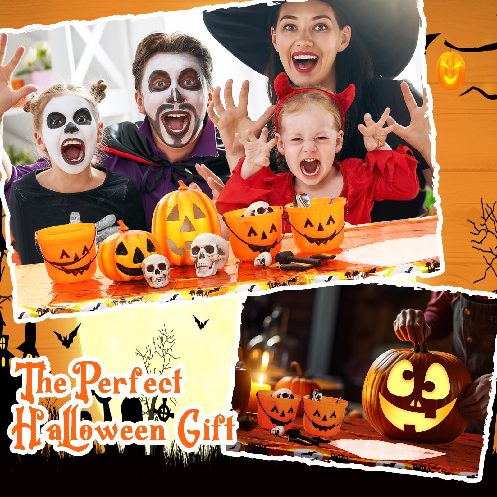 Blosssound 12 Sets Halloween Pumpkin Carving Kit Includes Professional Heavy Duty Carving Tools DIY Stencil Sheets Pumpkin Buckets Table Cover Hammers for Halloween Door Decorations Family Party