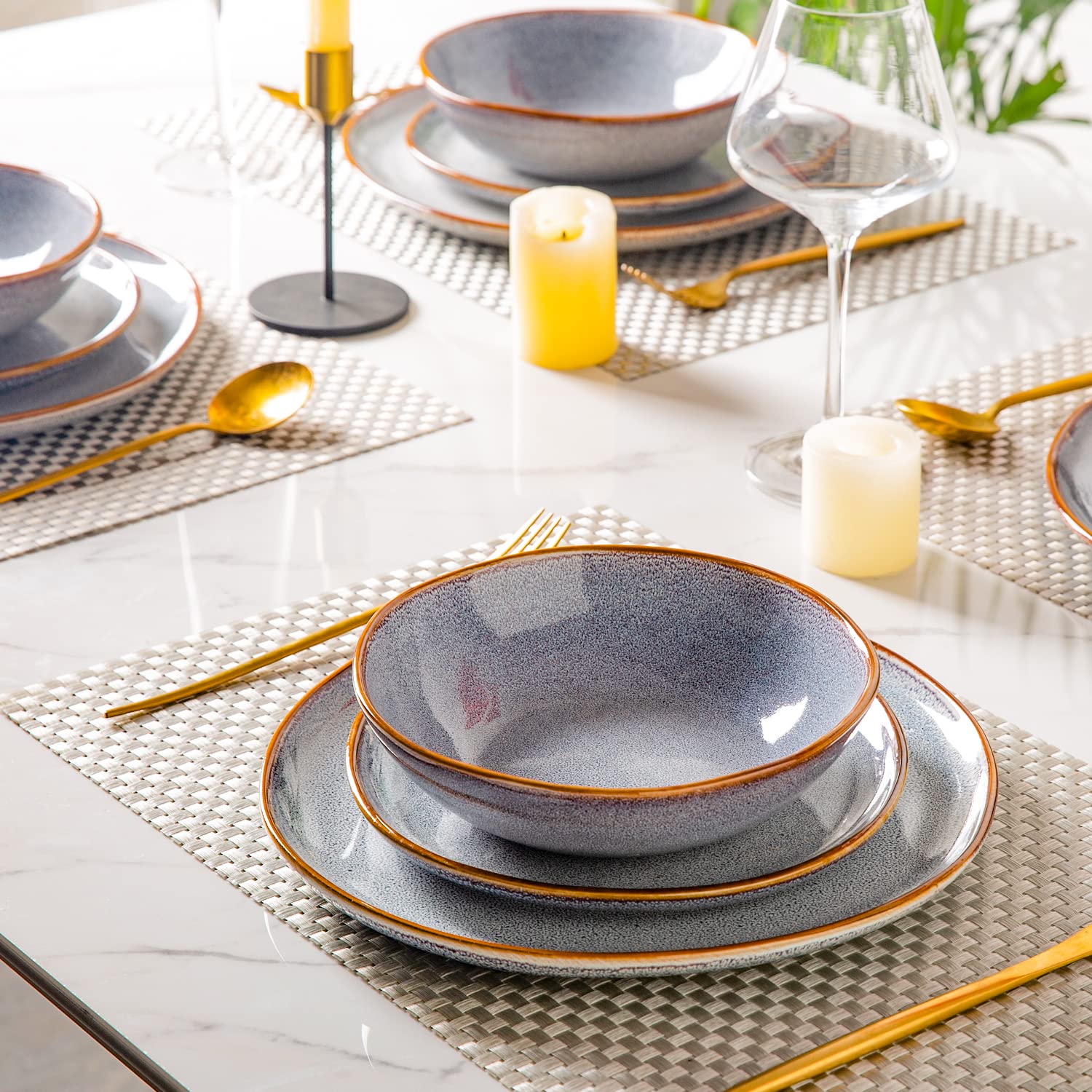 AmorArc Ceramic Dinnerware set, Service for 6 (18pcs), Stoneware Plates and Bowls Set,Highly Chip and Crack Resistant | Dishwasher & Microwave Safe,Gray-blue-Rustic Style