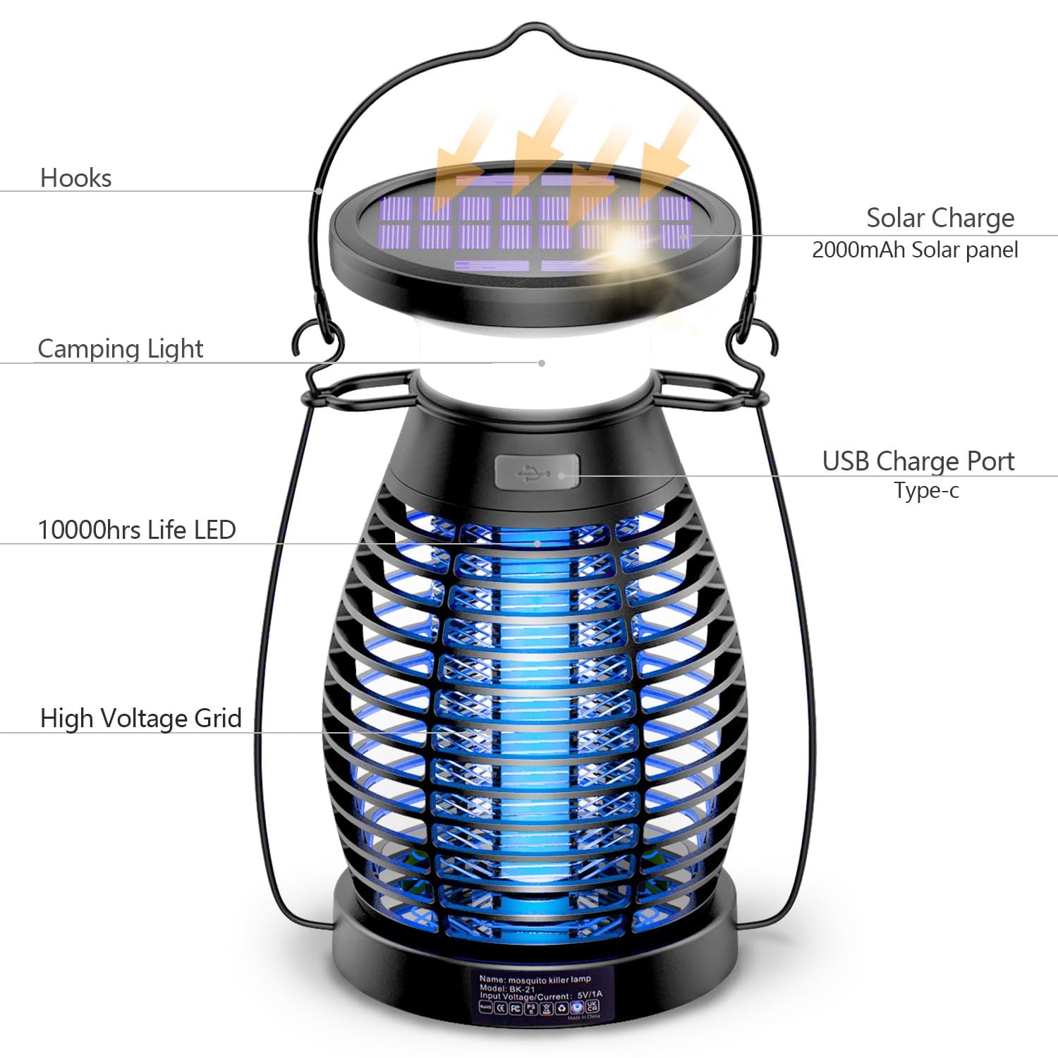 BANPESTT Solar Bug Zapper Outdoor Indoor Waterproof, 3-in-1 Cordless Mosquito Zapper, Rechargeable Flying Insect Trap for Fruit Fly, Gnat, Wasp,Moth, Mosquito Trap & Killer for Camping, Home, Patio