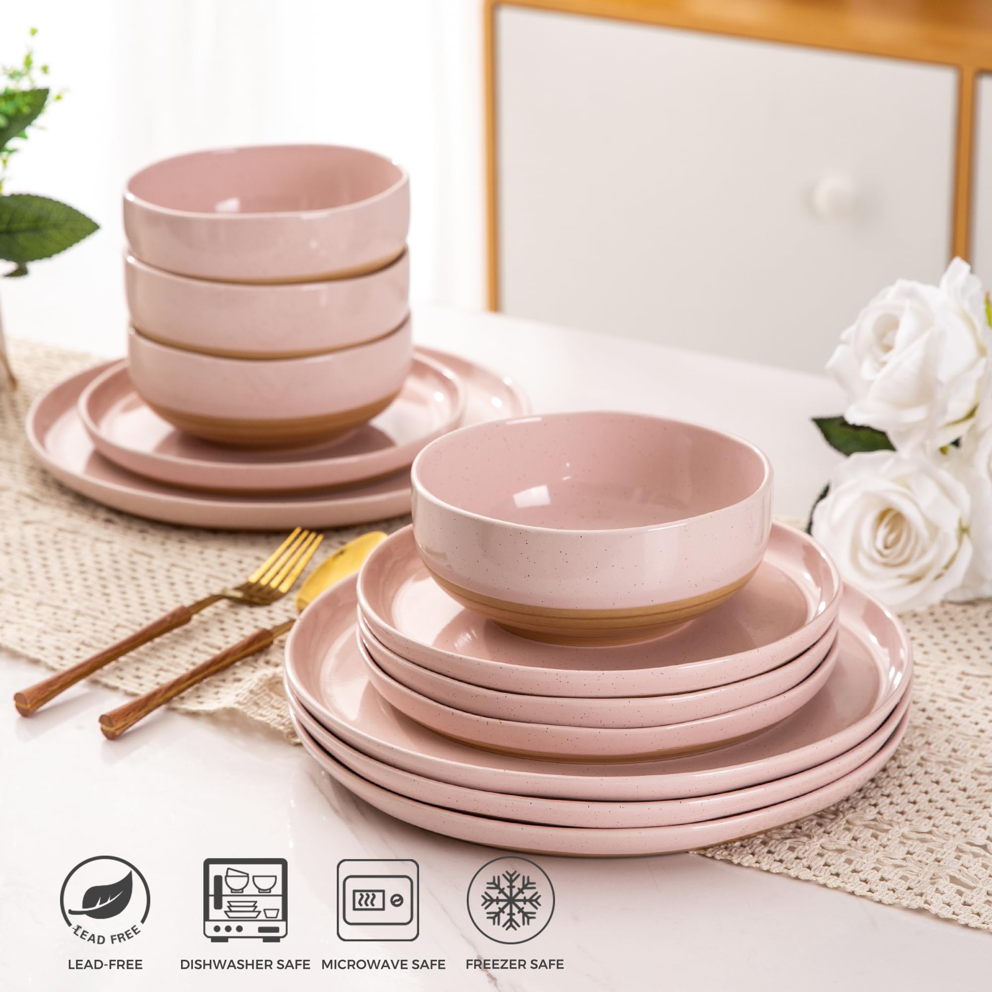 AmorArc Ceramic Dinnerware Sets for 4, 12 Pieces Handpainted Plates and Bowls Set with Wavy Rim, Chip and Scratch Resistant Stoneware Dishes Set, Dishwasher & Microwave Safe, Light Blue