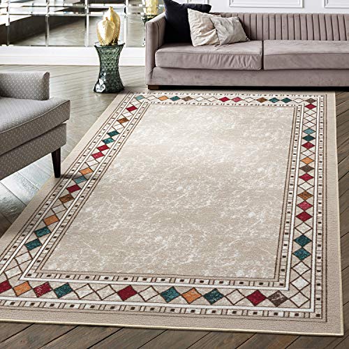 Antep Rugs Alfombras Modern Bordered 5x7 Non-Skid (Non-Slip) Low Profile Pile Rubber Backing Indoor Area Rugs (Maroon Beige, 5' x 7')