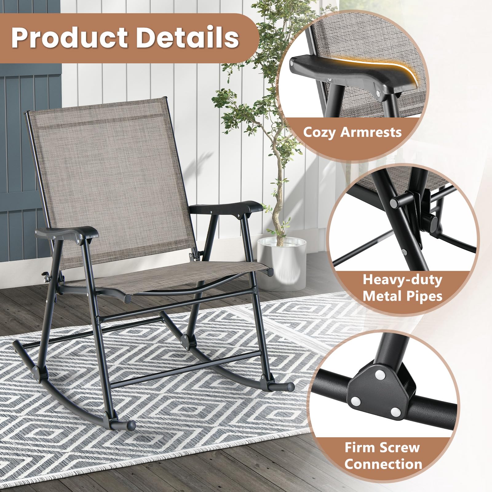 Tangkula Folding Rocking Chair Set of 2, Patio Rockers with Breathable Seat Fabric & Sturdy Metal Frame, Smooth Rocking Motion, Heavy-Duty Outdoor Rocker for Backyard, Front Porch, Poolside