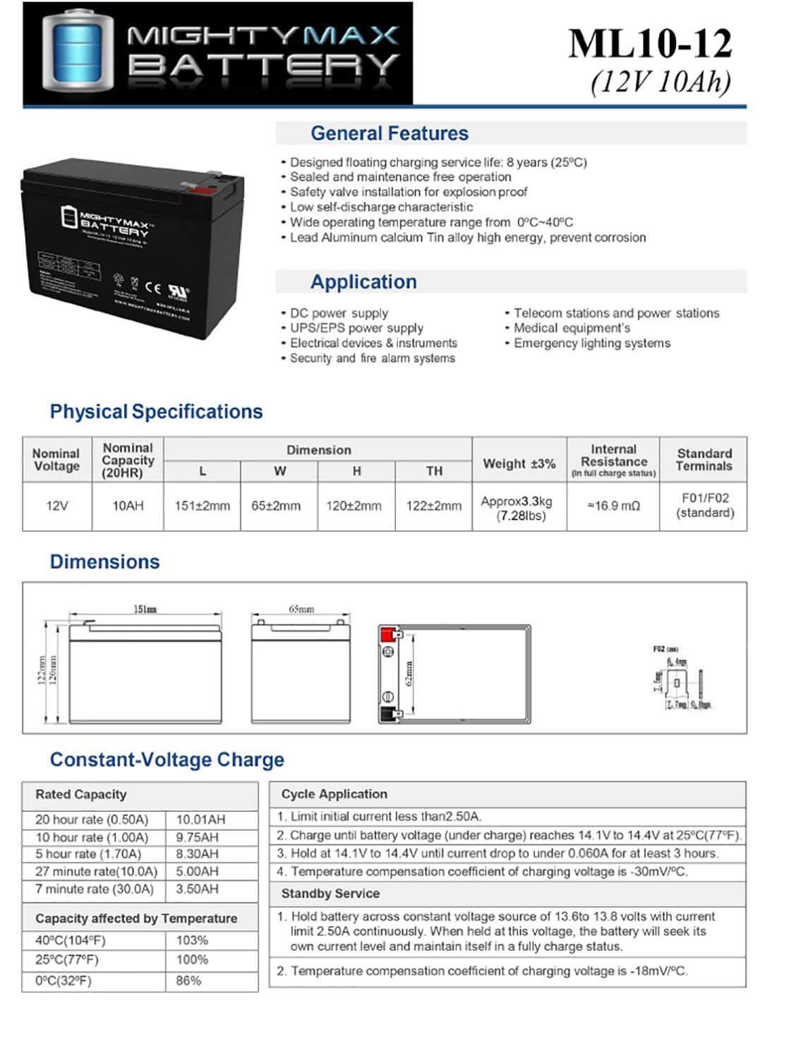 Mighty Max Battery ML10-12 - 12V 10AH Battery Replaces REC10-12 ES10-12S PSH-12100F2 UB12100-S - 4 Pack