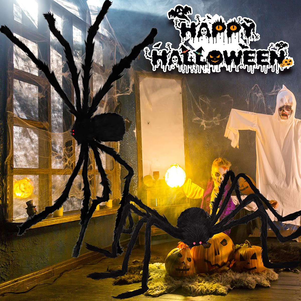 Apfity 2 Pack Halloween Decorations Spiders, Hairy Giant Spiders for Scary Halloween Decor Outdoor Wall Yard House, (6.5 FT + 5 FT)