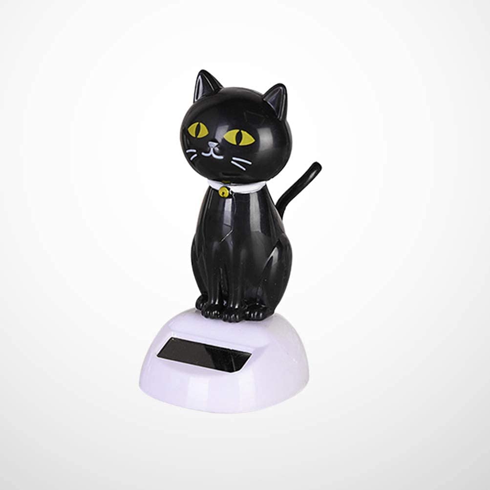 Solar Cat Bobble Shaking Head Dancing Toy Cat Figurine Statue Car Dash Board Ornaments for Car Vehicle Decoration - Black