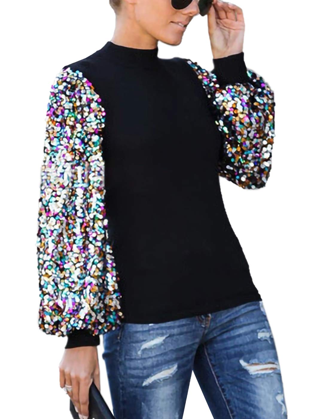 Anna-Kaci Women's Confetti Sequin Balloon Long Sleeve Mock Neck Pullover Sweatshirt (Black, Large)
