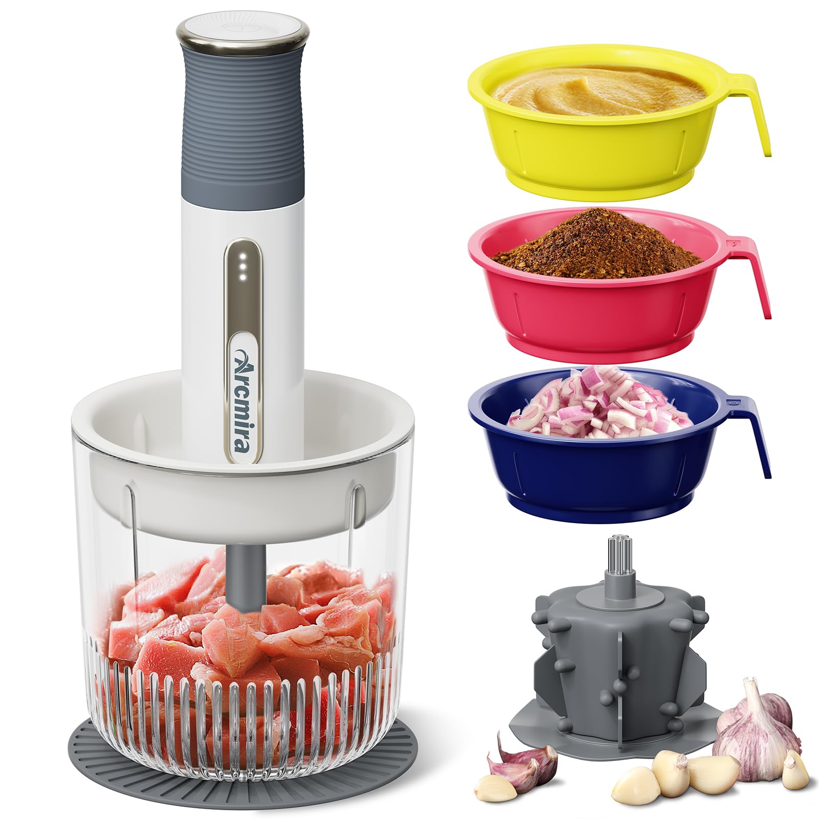Arcmira Food Processor Cordless with 4 Bowls & 2 Blades, 3-in-1 Multifunction Electric Chopper/Meat Grinder/Vegetable Chopper/Garlic Peeler, Ideal for Chopping Meat, Veggie, Onion, Garlic & Baby Food