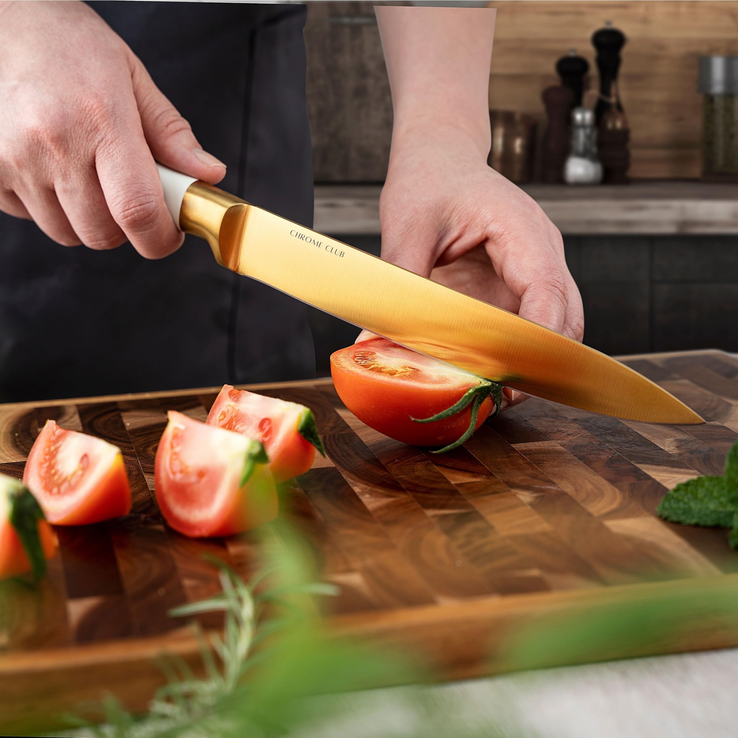 CHROME CLUB 5 inch Utility Knife - Stainless Steel White and Gold Paring Knife Best for Kitchen Vegetables and Fruit - Utility Knife Kitchen with Ergonomic Silicone Handle for Extra Grip