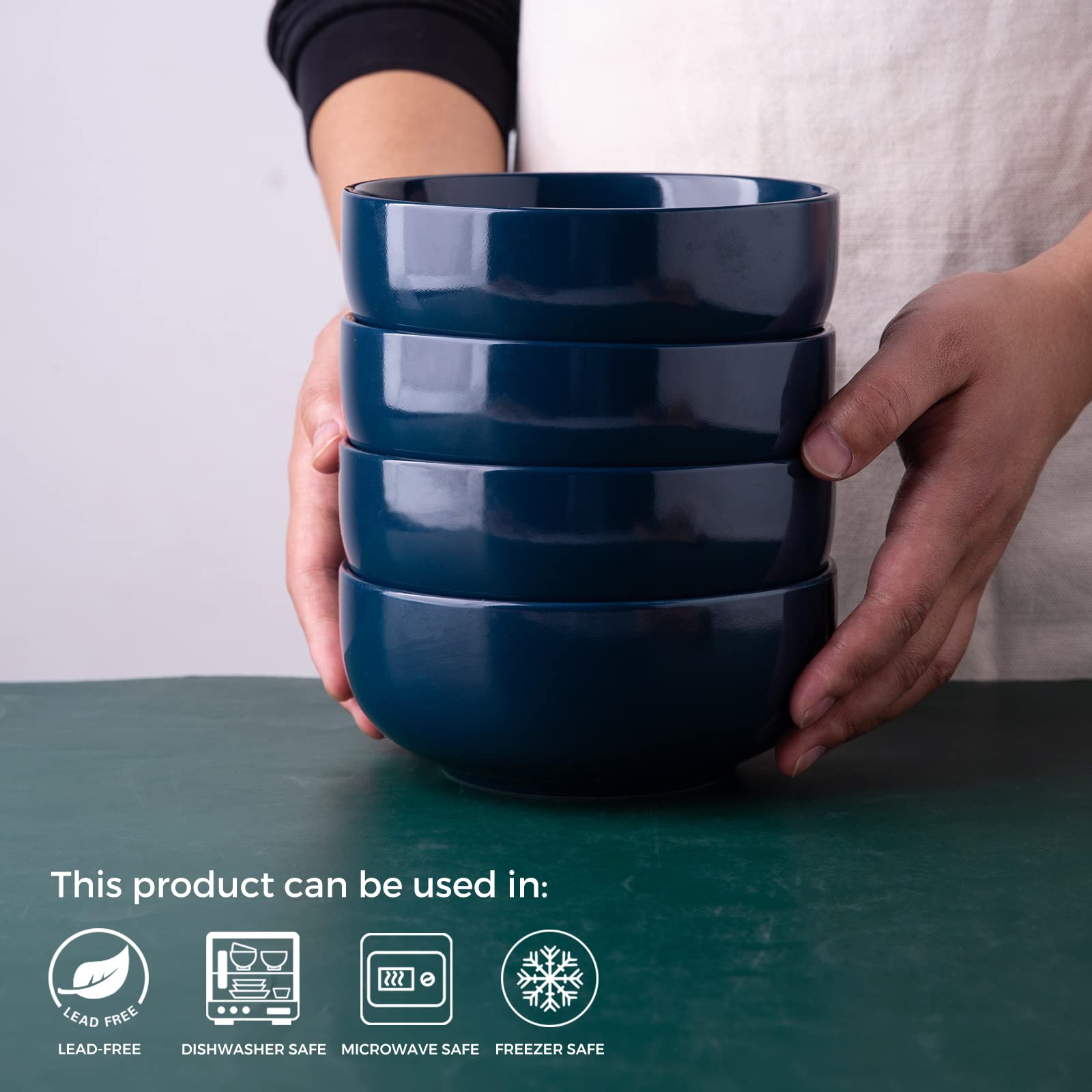 AmorArc Stoneware Cereal Bowls Set for kitchen, 22oz Ceramic Soup Bowls Set of 4 for soup cereal snacks meal, Microwave&Dishwasher Safe, Navy Blue