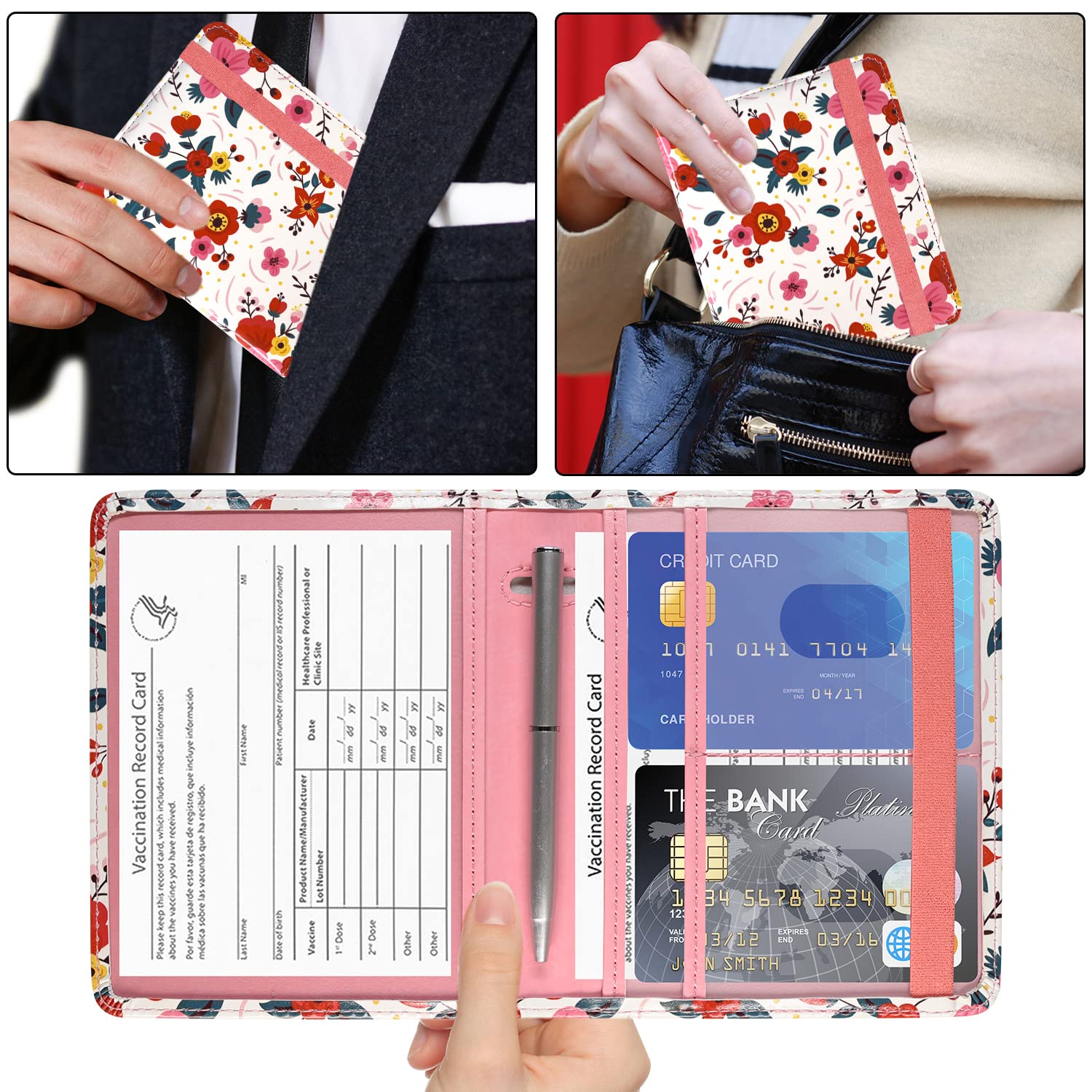 ACdream Vaccine Card Holder, PU Leather 4x3 CDC Vaccination Immunization Record Protector Wallet, Waterproof Vax Certificate Clear Sleeve Protective Case, with Credit Cards Slots - Blossom