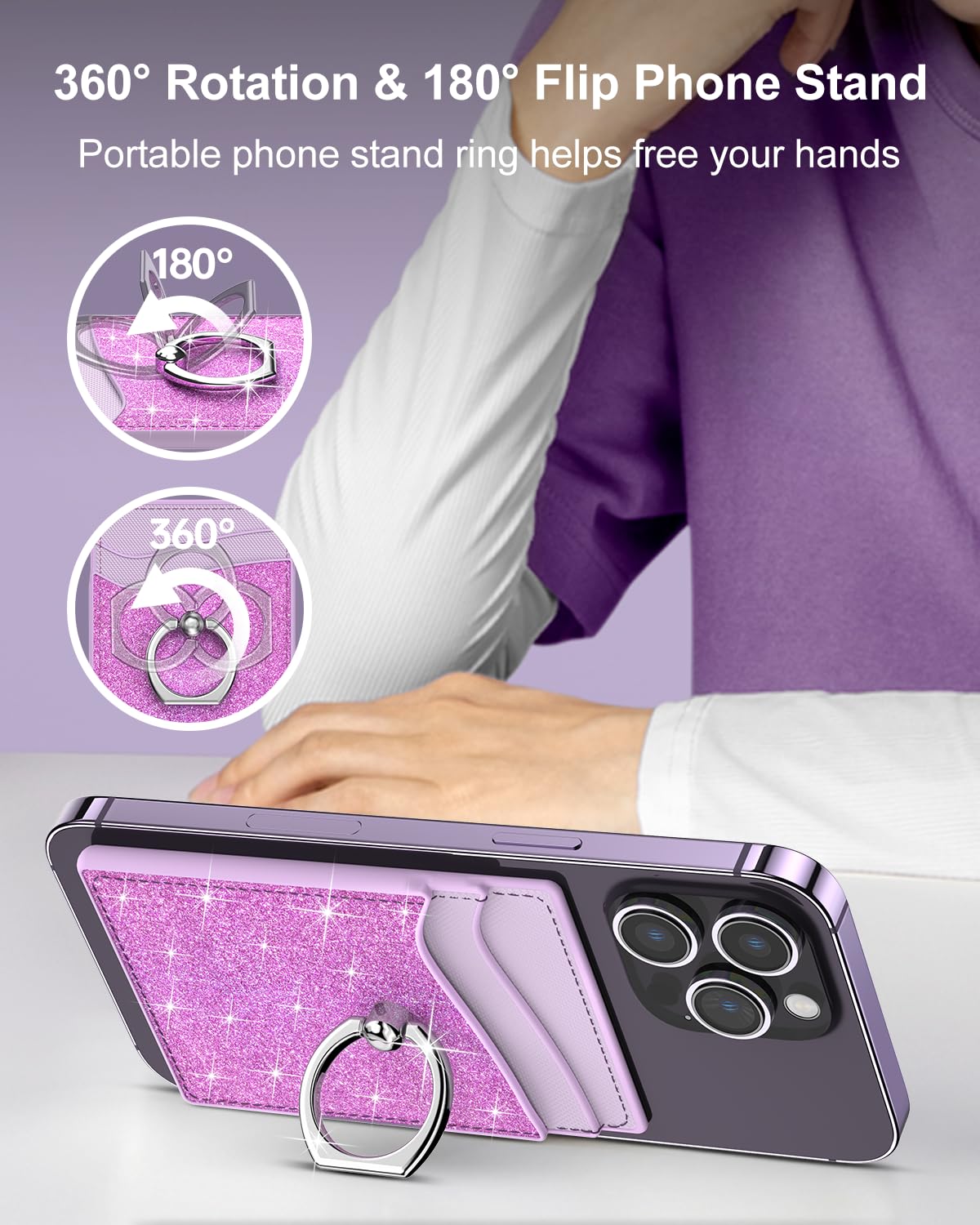 Anfauny MagSafe Phone Wallet - Leather Magnetic Cell Phone Wallet Card Holder with 360°Rotation Ring Phone Stand & RFID Blocking Compatible with iPhone 15/14/13/12 Series & MagSafe Cases - Purple