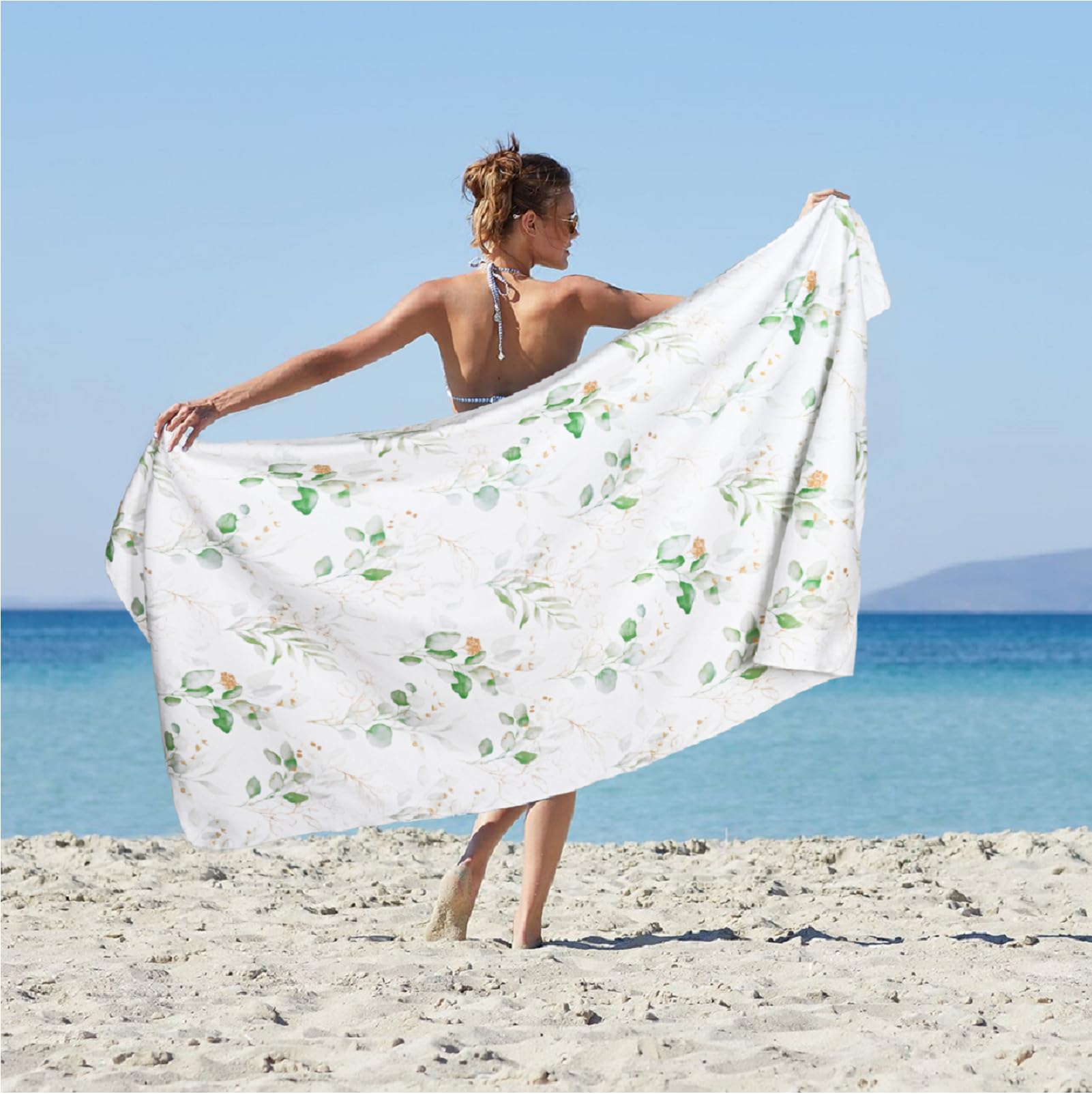 ASPMIZ 3 Pcs Towel Set with Beach Towels Oversized Clearance, Hand Towel, Dish Towel, Absorbent Microfiber Beach Towels for Adults, Summer Green Leaf Large Beach Bath Towel Quick Dry, 31x 59 Inch